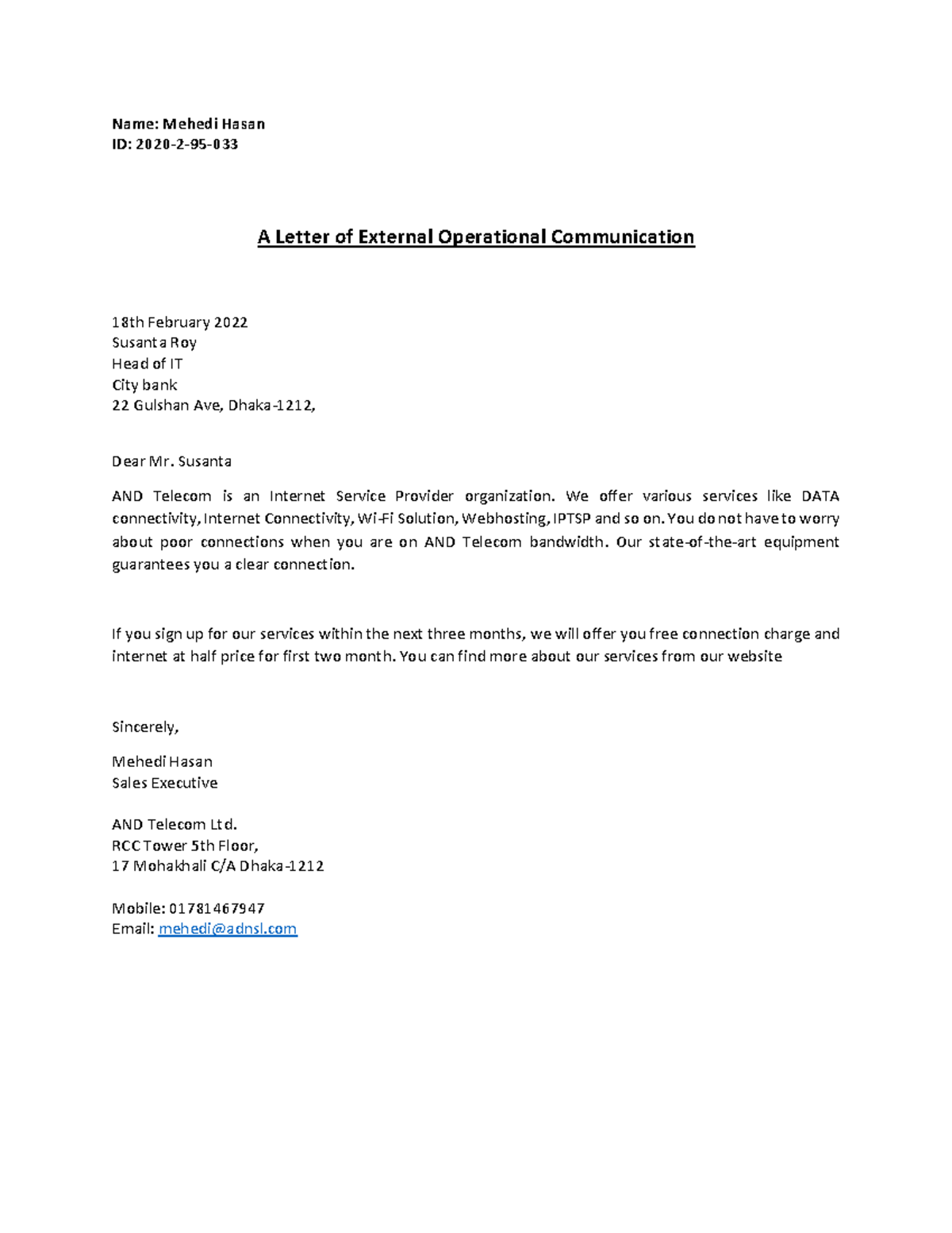Internal & External Operational Communication Letter - Name: Mehedi ...