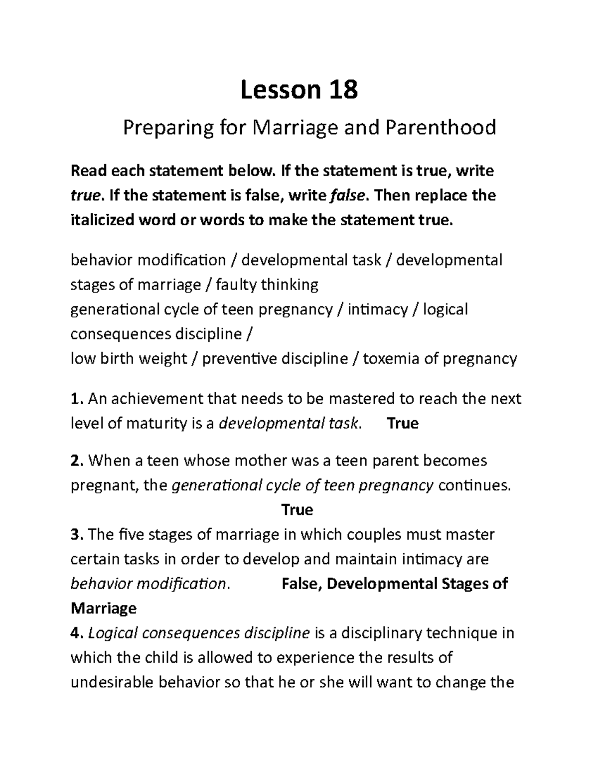 Lesson 18 worksheet - Lesson 18 Preparing for Marriage and Parenthood ...