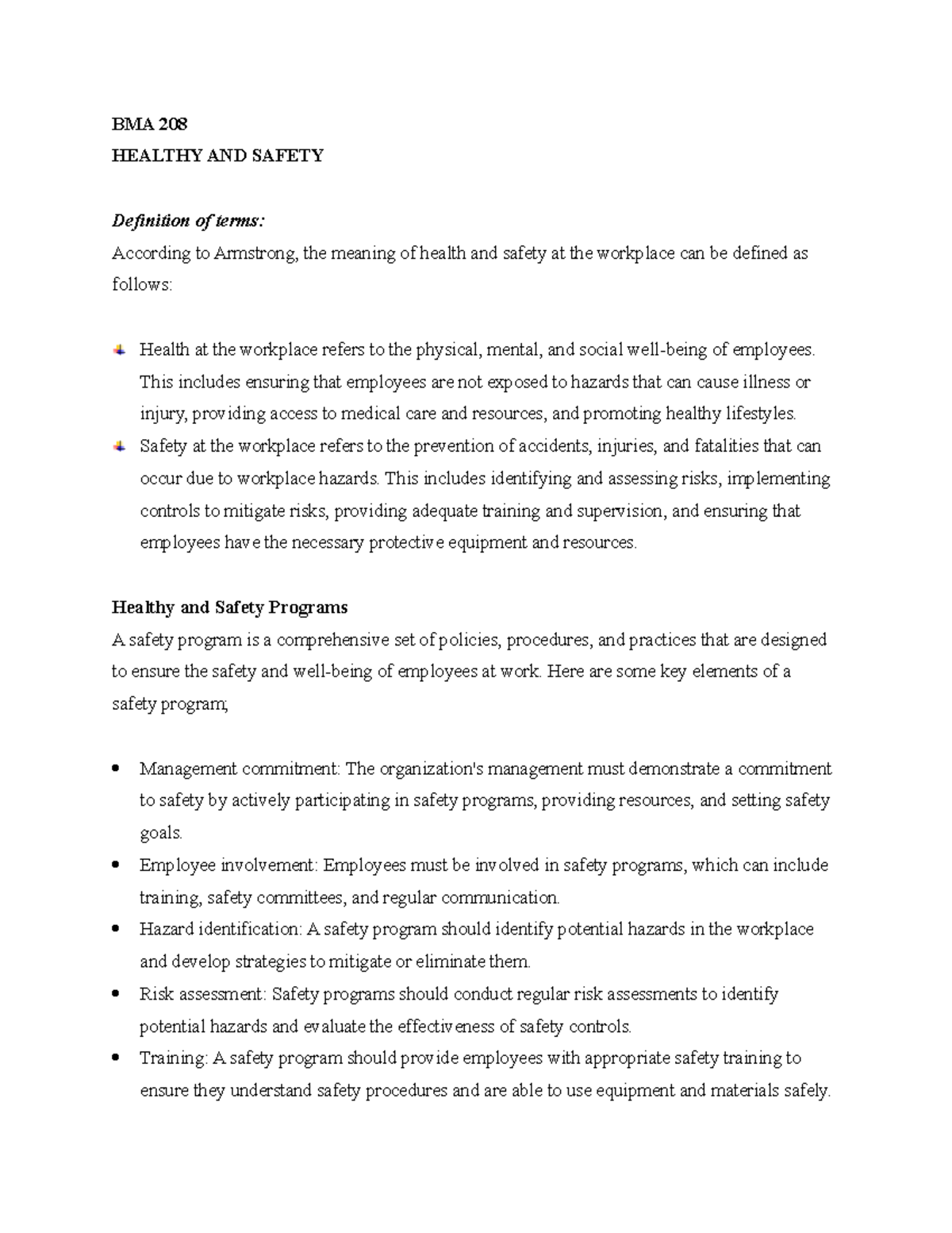 BMA 208 BALM 112 - notes - BMA 208 HEALTHY AND SAFETY Definition of ...