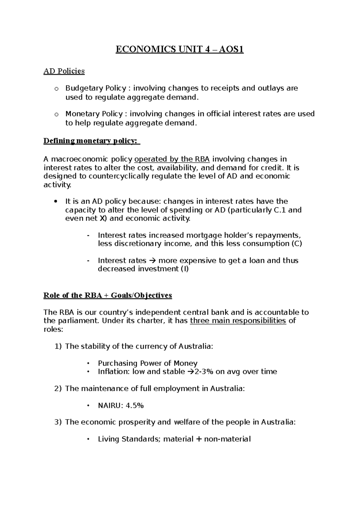 Economics UNIT 4 AOS1 - unit 4 notes - ECONOMICS UNIT 4 – AOS AD ...