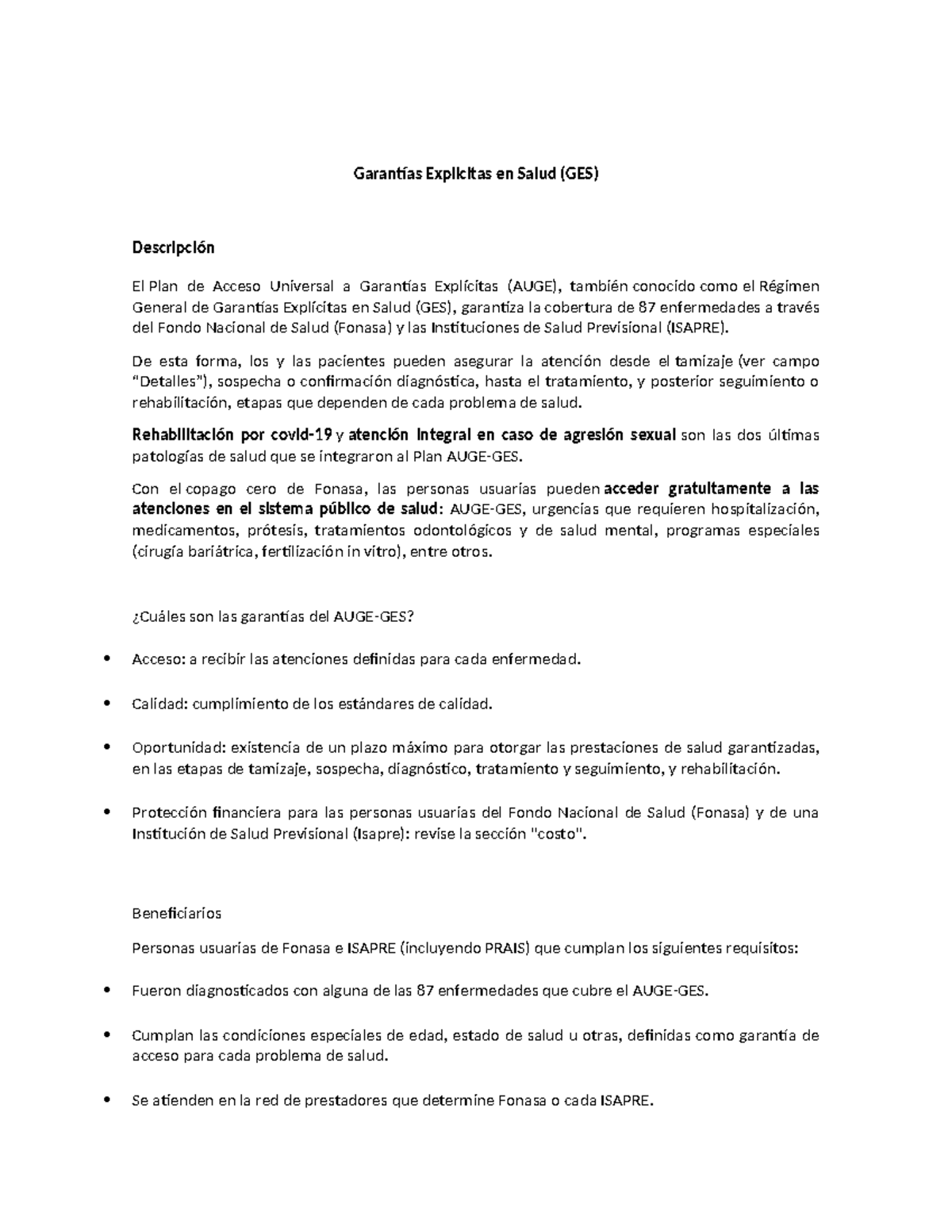 GES - Garantías Explicitas en Salud (GES) Descripción El Plan de Acceso ...