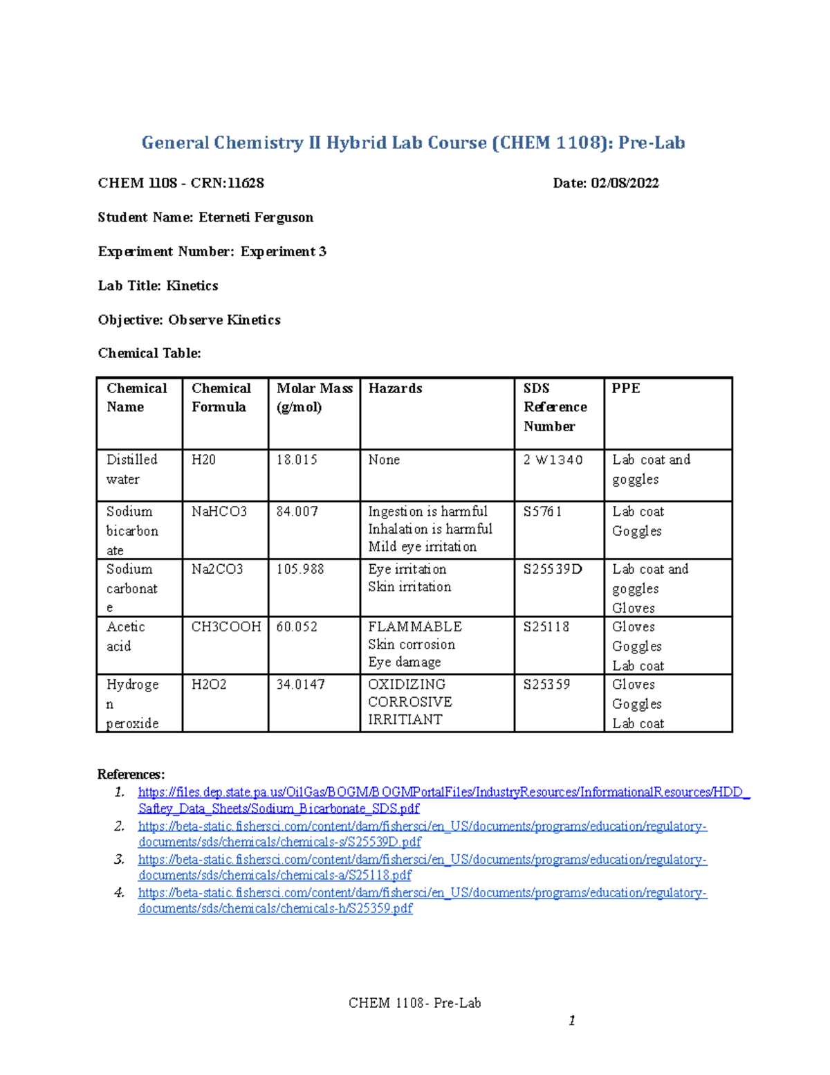 CHEM 1108 Hybrid Pre-Lab 3 - General Chemistry II Hybrid Lab Course (CHEM 1108): Pre-Lab CHEM ...