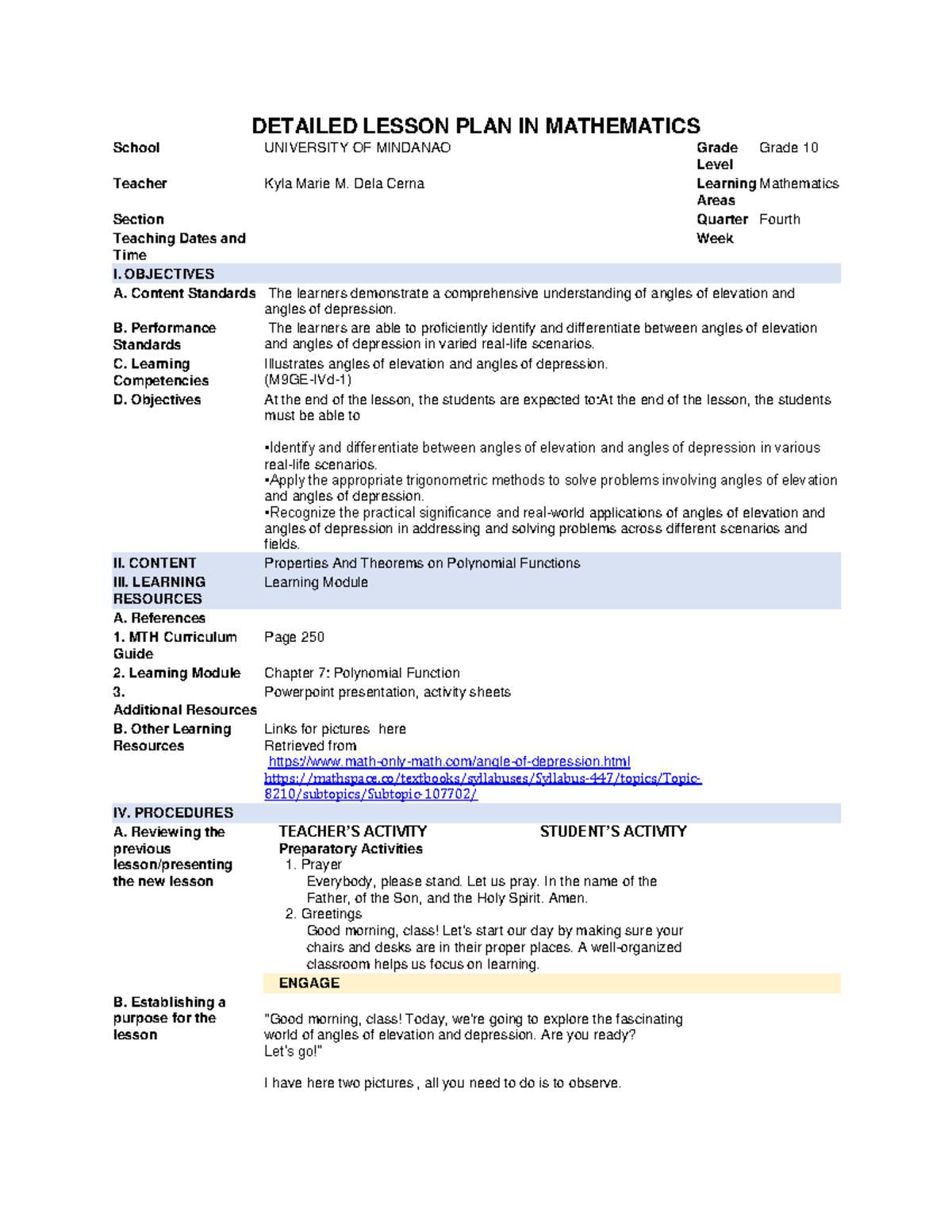 5E’S KYLA - Answer - DETAILED LESSON PLAN IN MATHEMATICS School ...