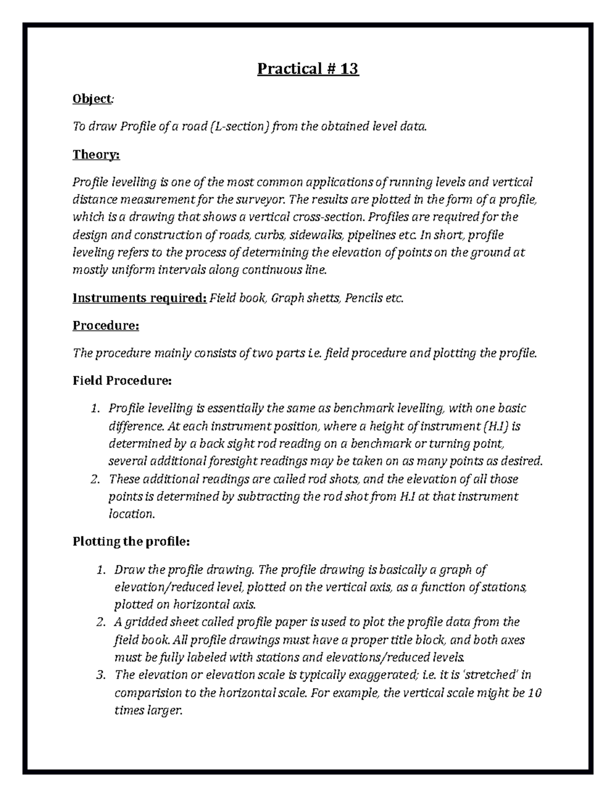 Practical 13 - Object is to draw Profile of a road (L-section) from the ...
