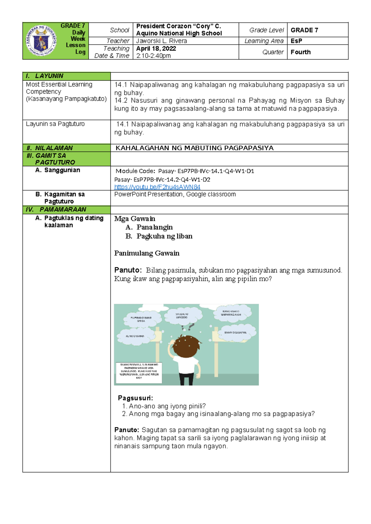 LP-Q4-W1 - Lesson Plan - GRADE 7 Daily Week Lesson Log School President ...