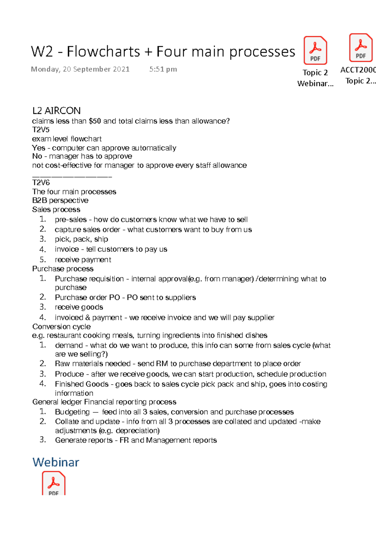 W2 - Flowcharts + Four main processes - ACCT20007 - Unimelb - Studocu