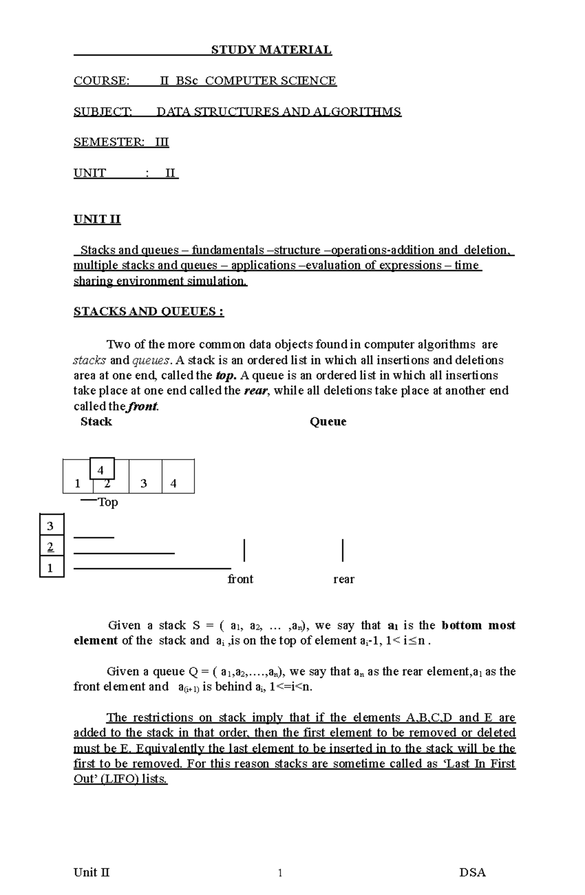 DS-Unit 2 - Study material - STUDY MATERIAL COURSE: II BSc COMPUTER SCIENCE SUBJECT: DATA ...