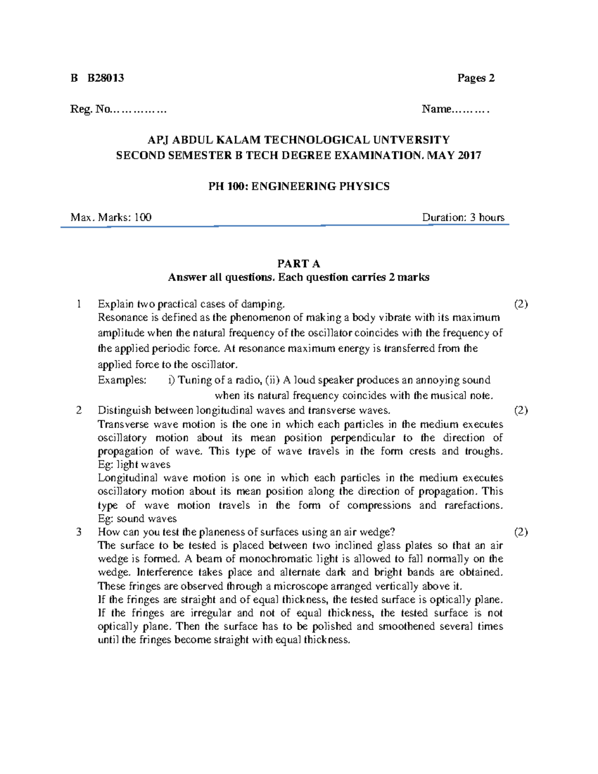 Engineering Physics worksheet - B B28013 Pages 2 Reg. No ...