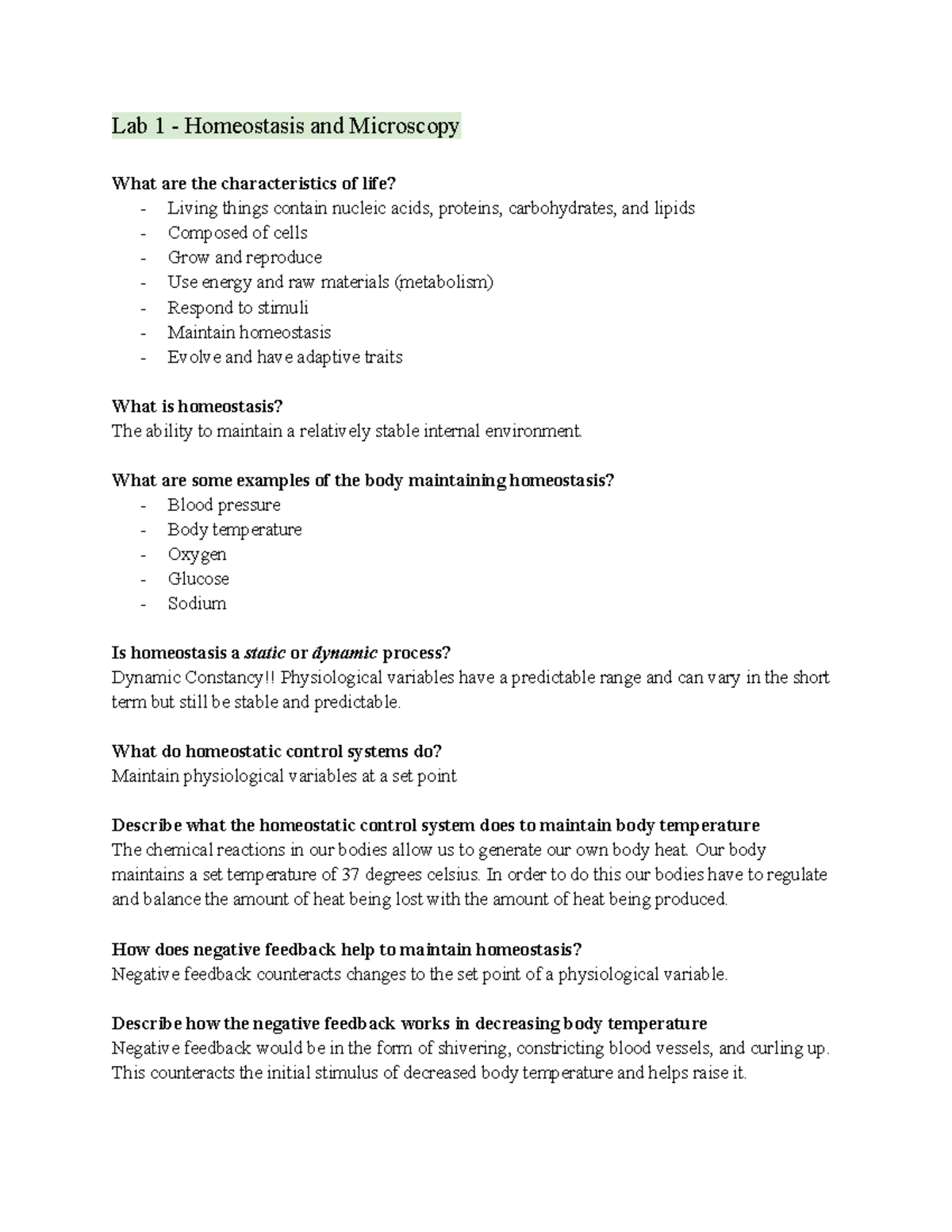 Copy of BIOL 104 - Lab 1-5 Exam Review - Lab 1 - Homeostasis and ...