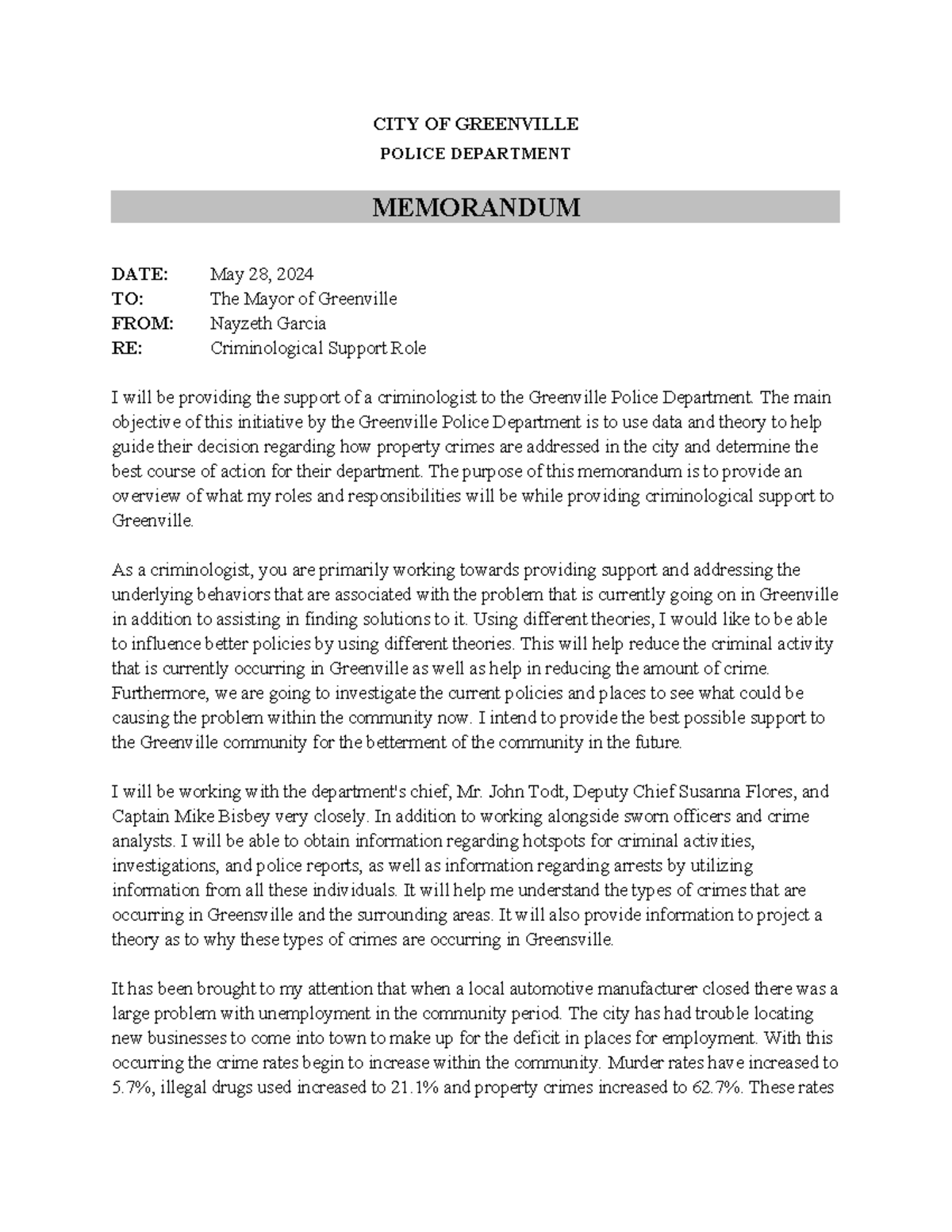 CJ 306 Project One Memo Template (2) - CITY OF GREENVILLE POLICE ...