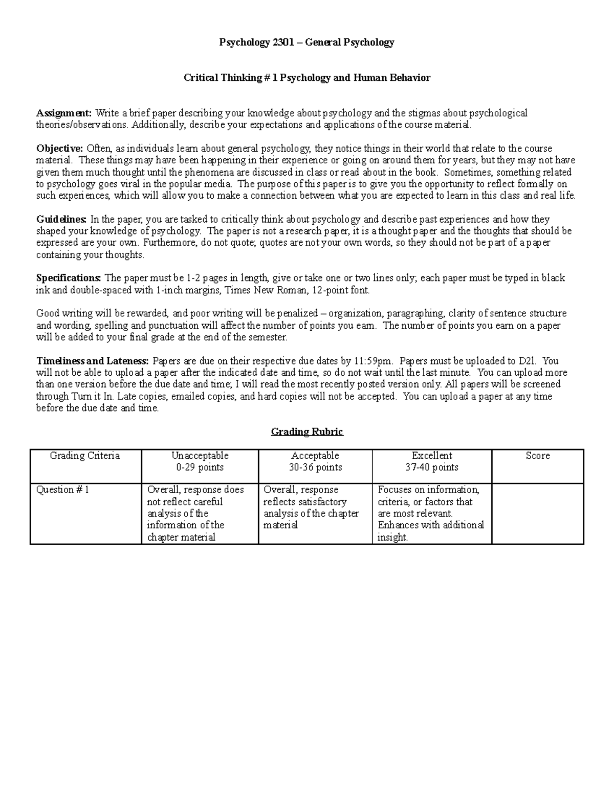 CT Psychology and Human Behavior (1) - Psychology 2301 – General ...