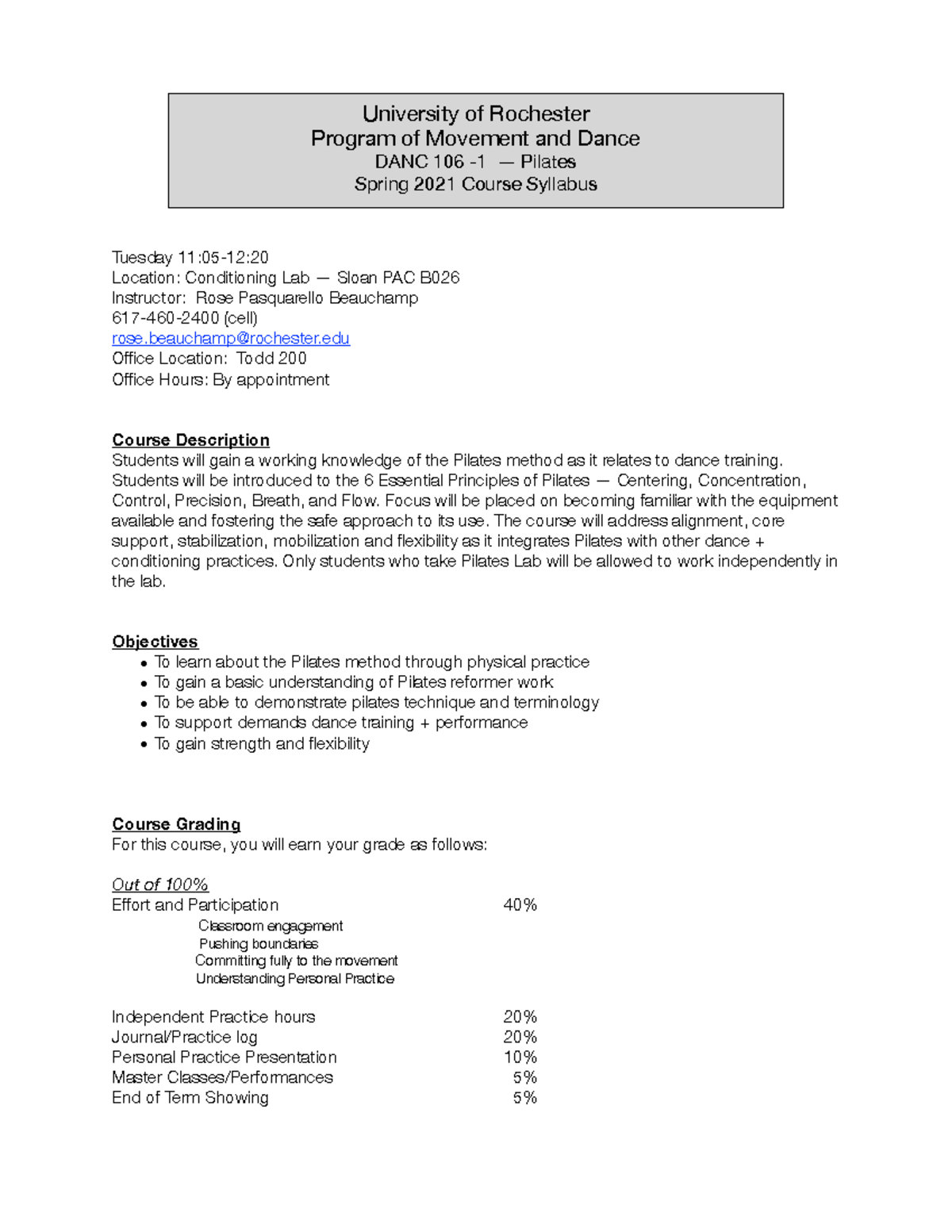 Pilates DANC 106 Syllabus for Fall 2021 - Tuesday 11:05-12: Location ...
