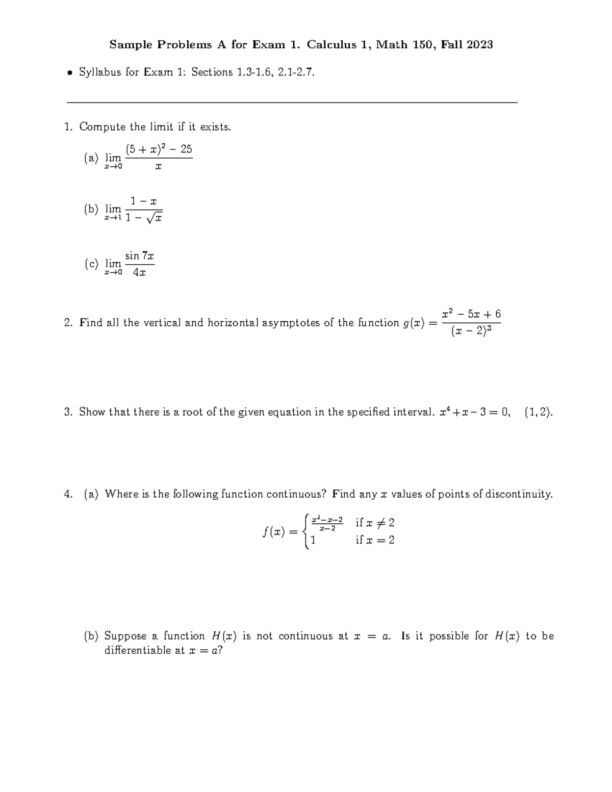 Math150 exam1 practice a - Sample Problems A for Exam 1. Calculus 1 ...