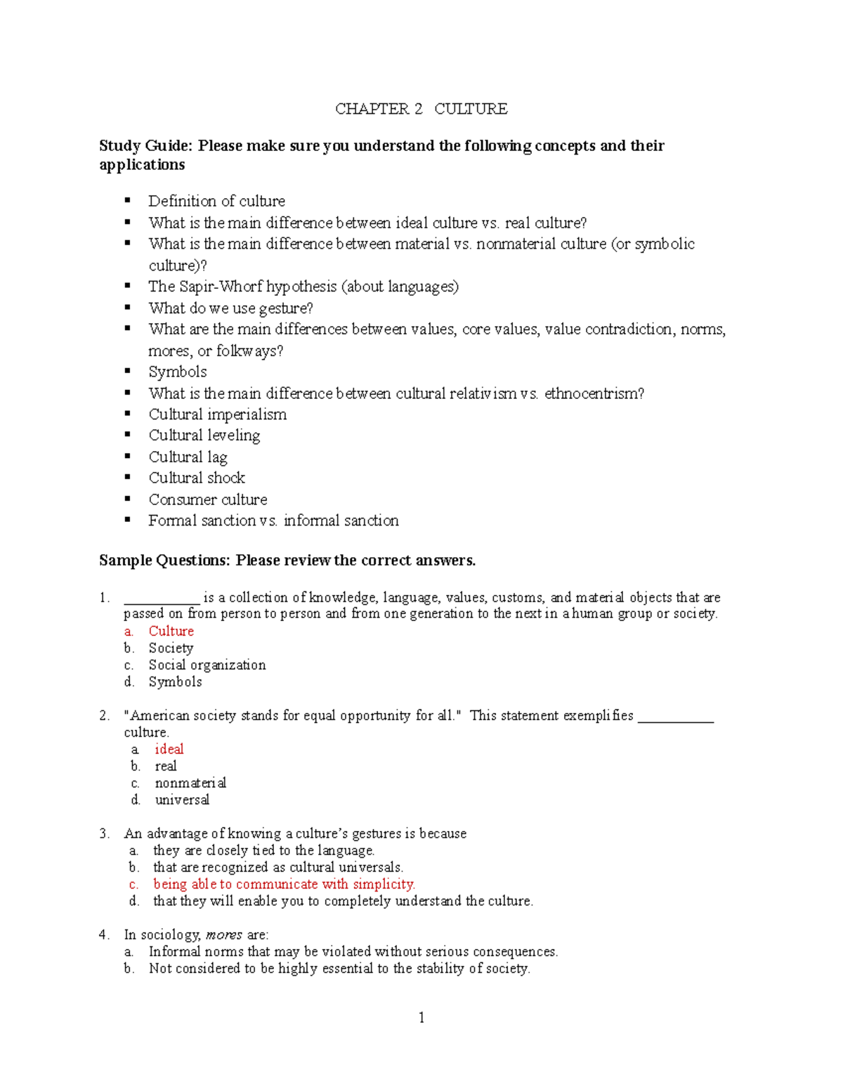 Chapter 2 study guide - CHAPTER 2 CULTURE Study Guide: Please make sure ...