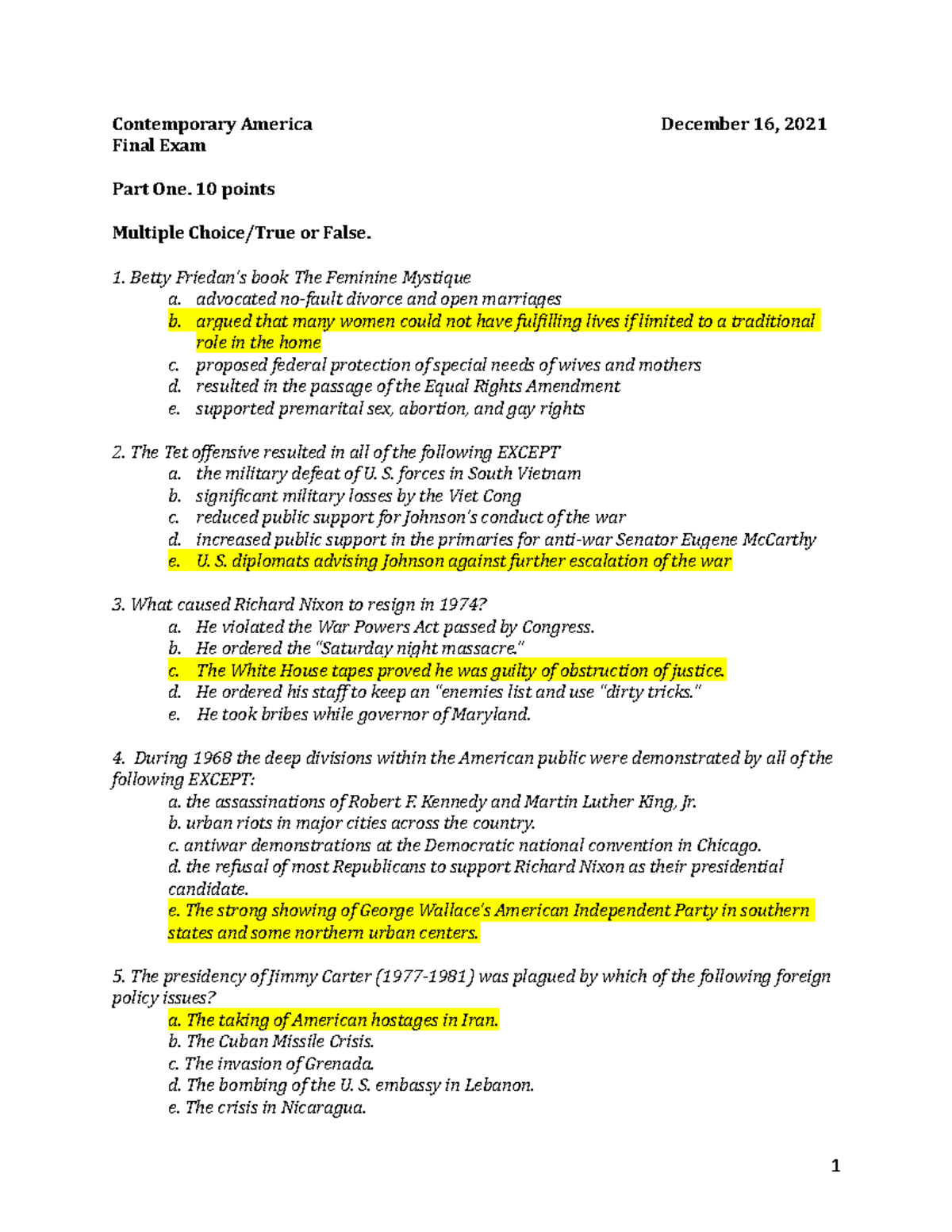Final Exam Fall 2021 - Contemporary America December 16, 2021 Final ...