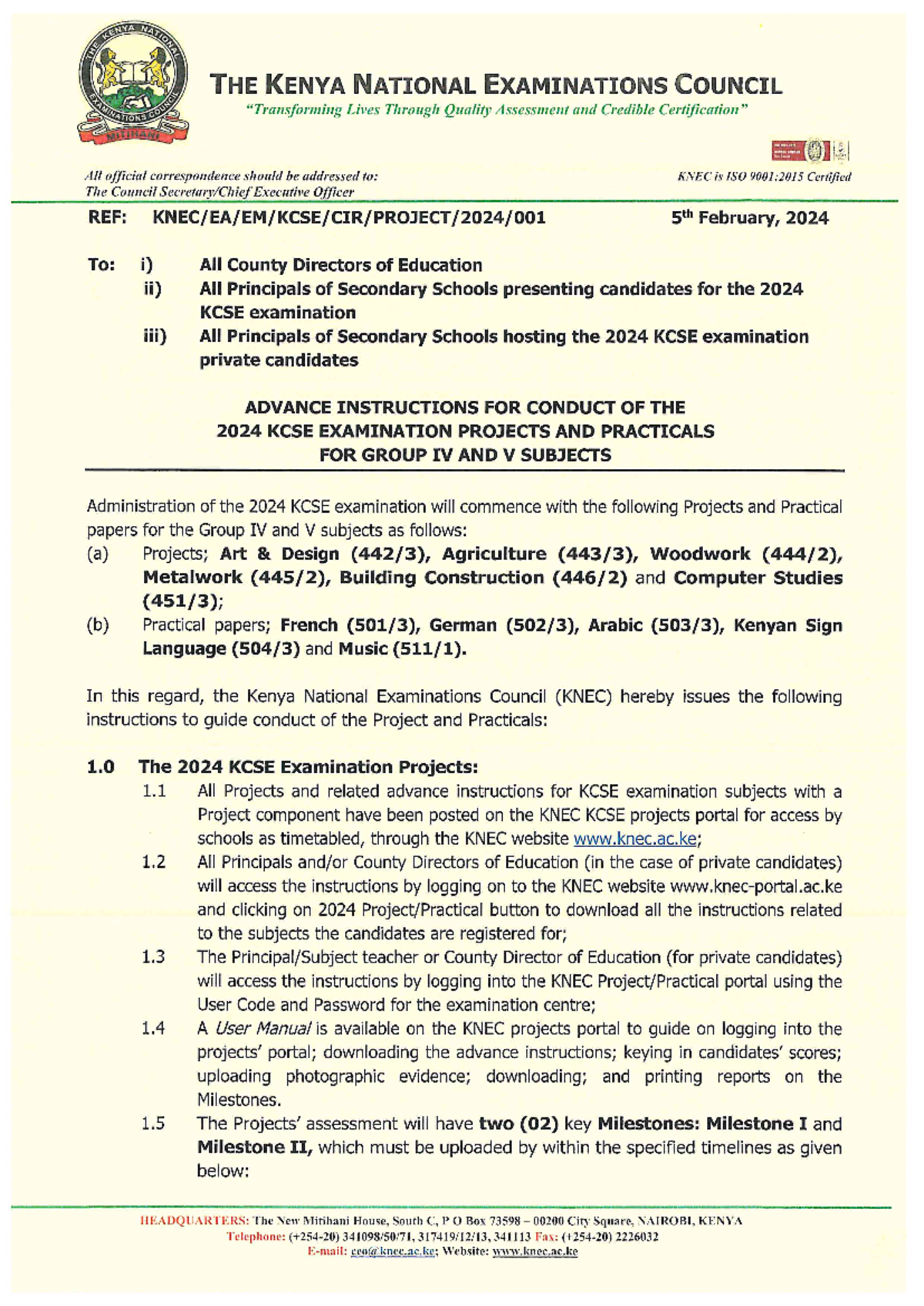 Circular Advance Instruction FOR Conduct OF THE 2024 KCSE Examination ...