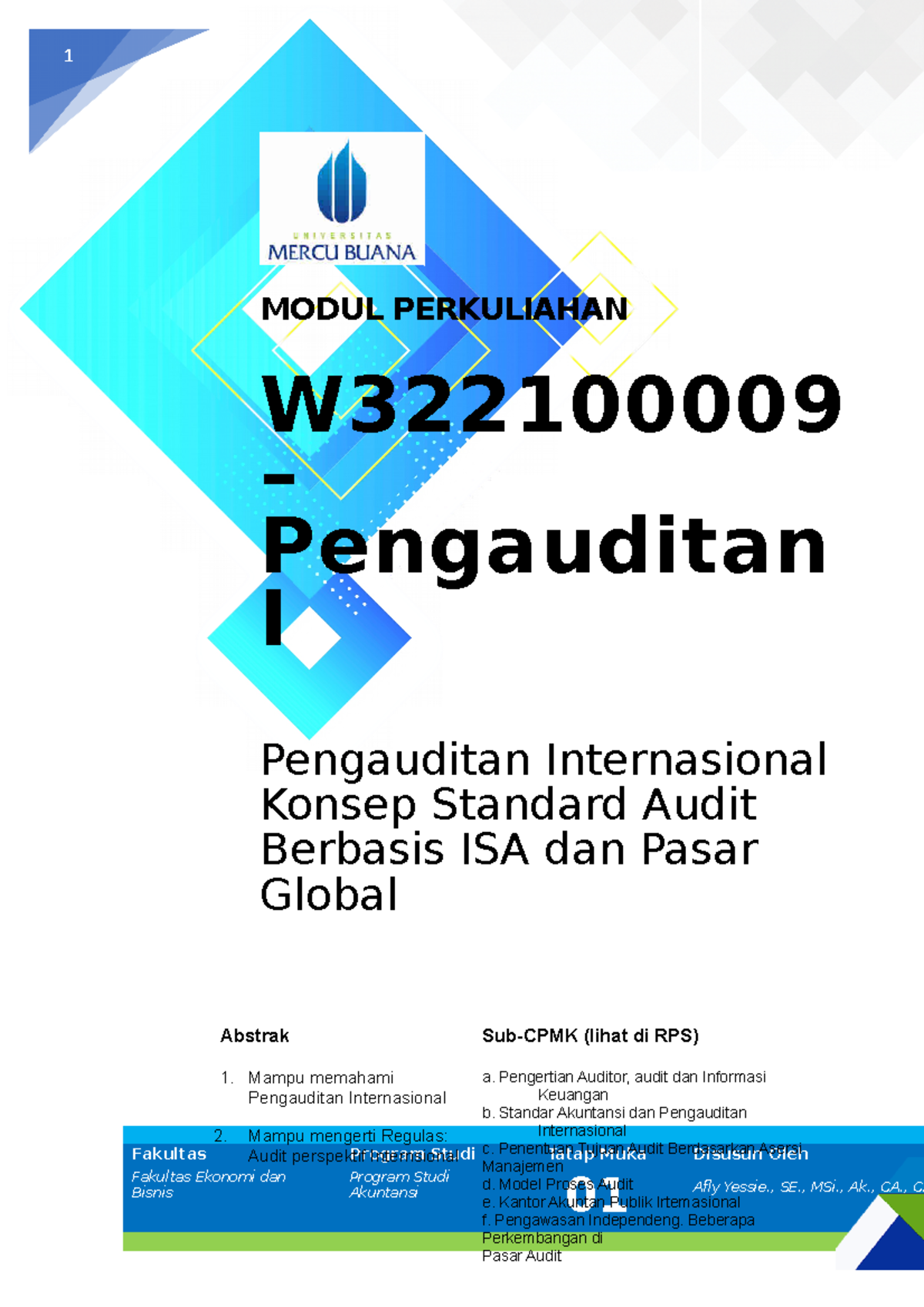 Modul I Audit I - 1 MODUL PERKULIAHAN W – Pengauditan I Pengauditan ...