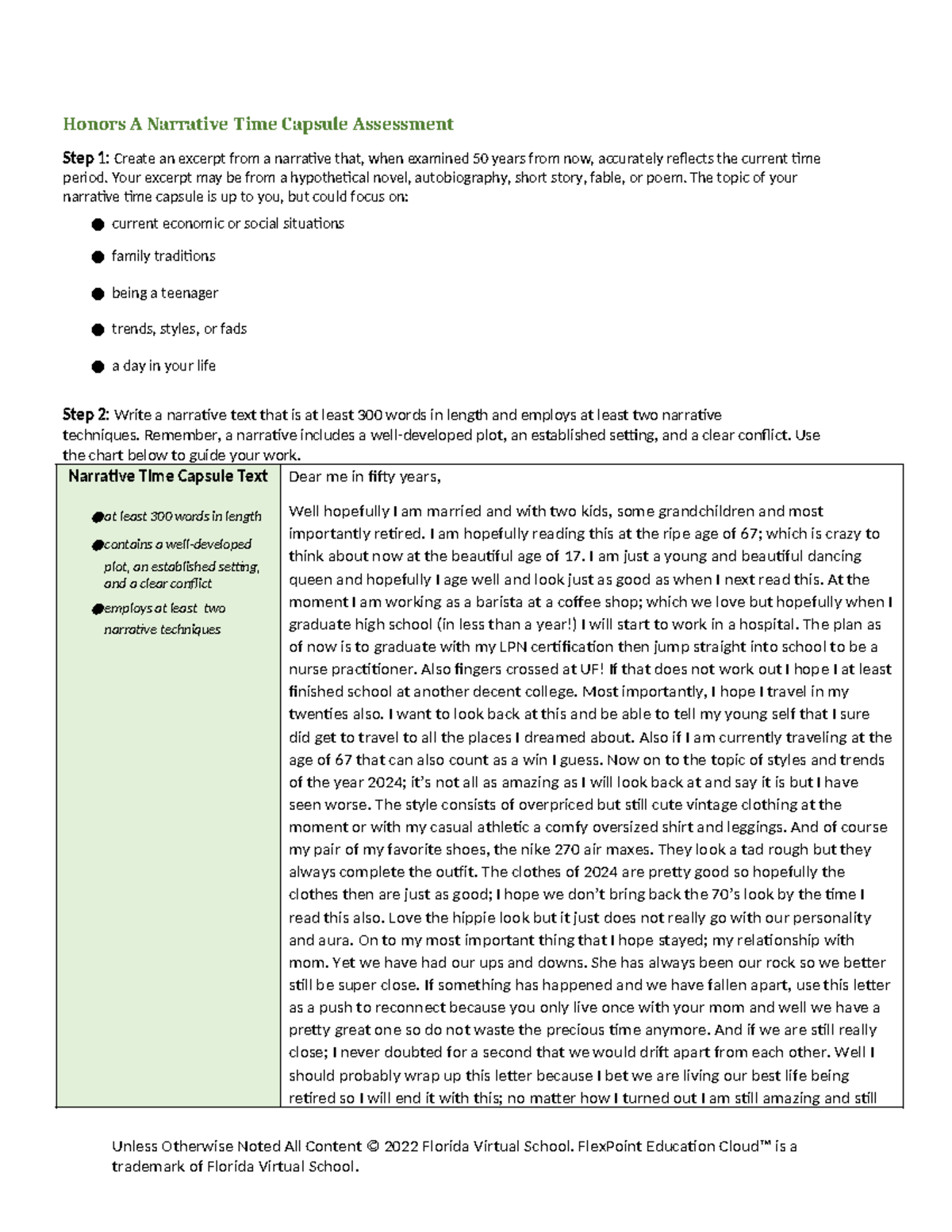 Copy of narrative time capsule assess rubric 1 - Honors A Narrative ...