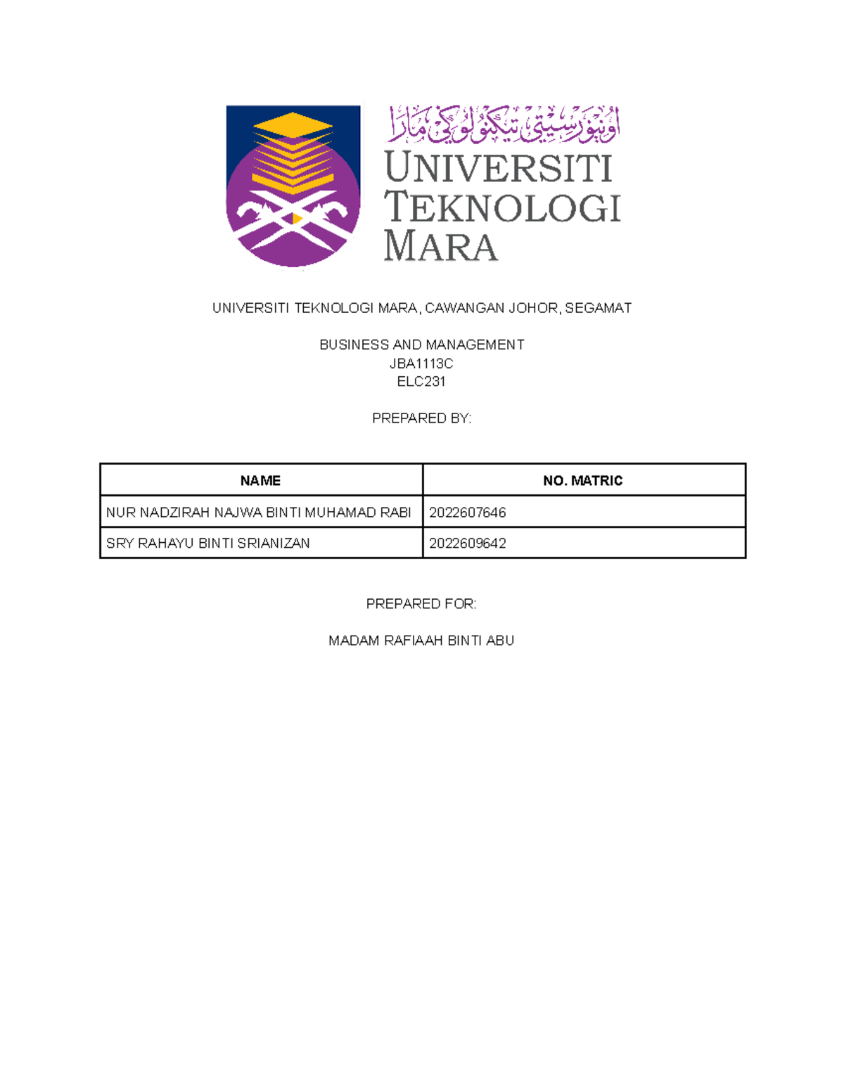 ELC writing commentary - UNIVERSITI TEKNOLOGI MARA, CAWANGAN JOHOR ...