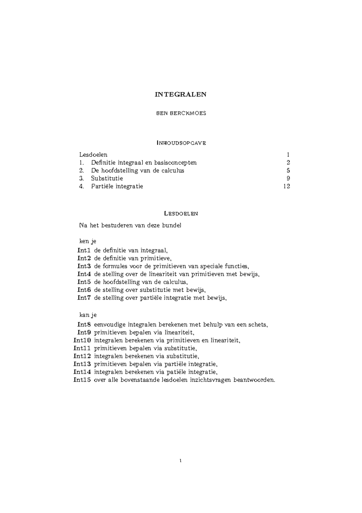 Integralen Cursus - INTEGRALEN BEN BERCKMOES Inhoudsopgave Lesdoelen 1 ...