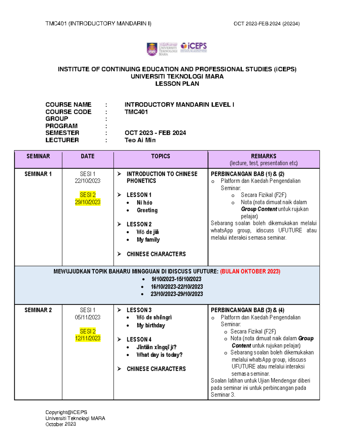 TMC401 Lesson PLAN FOR SEM OCT 2023 - FEB 2024 Iceps - TMC4 01 ...