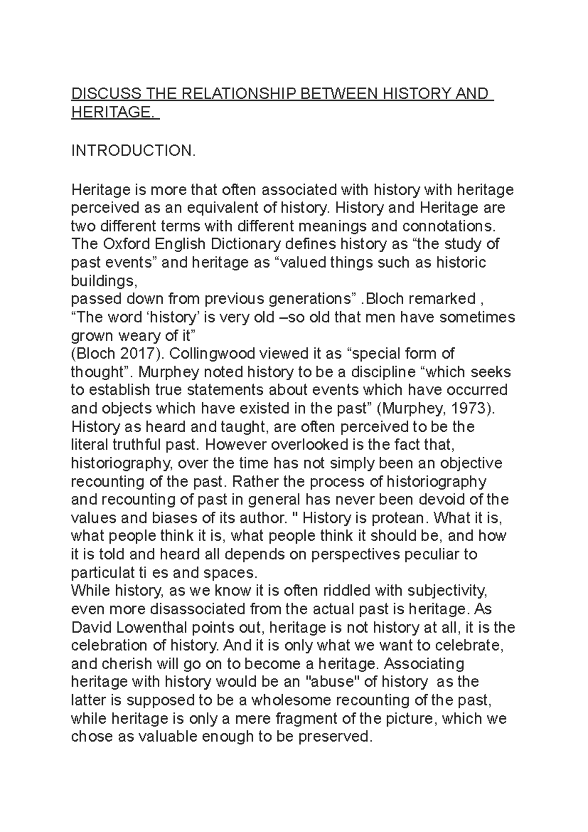 History home assignment 3 - DISCUSS THE RELATIONSHIP BETWEEN HISTORY AND HERITAGE. INTRODUCTION ...