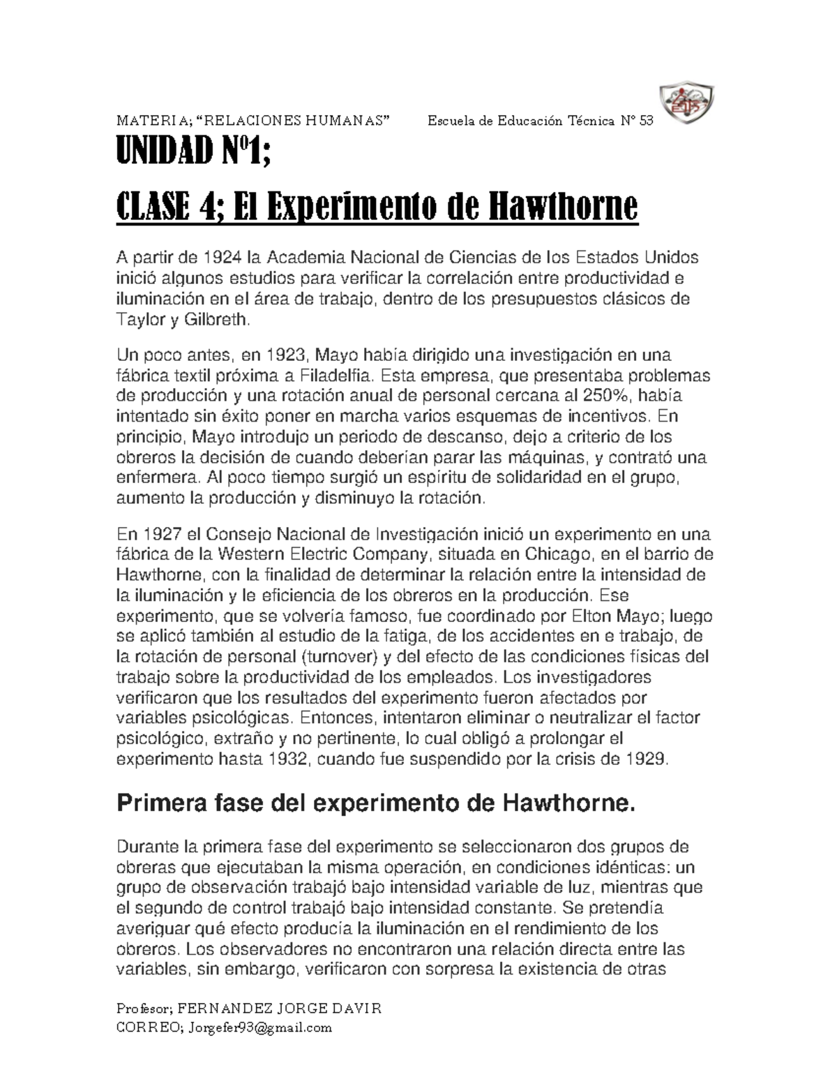 Clase 4- El Experimento de Hawthorne - Profesor; FERNANDEZ JORGE DAVIR ...