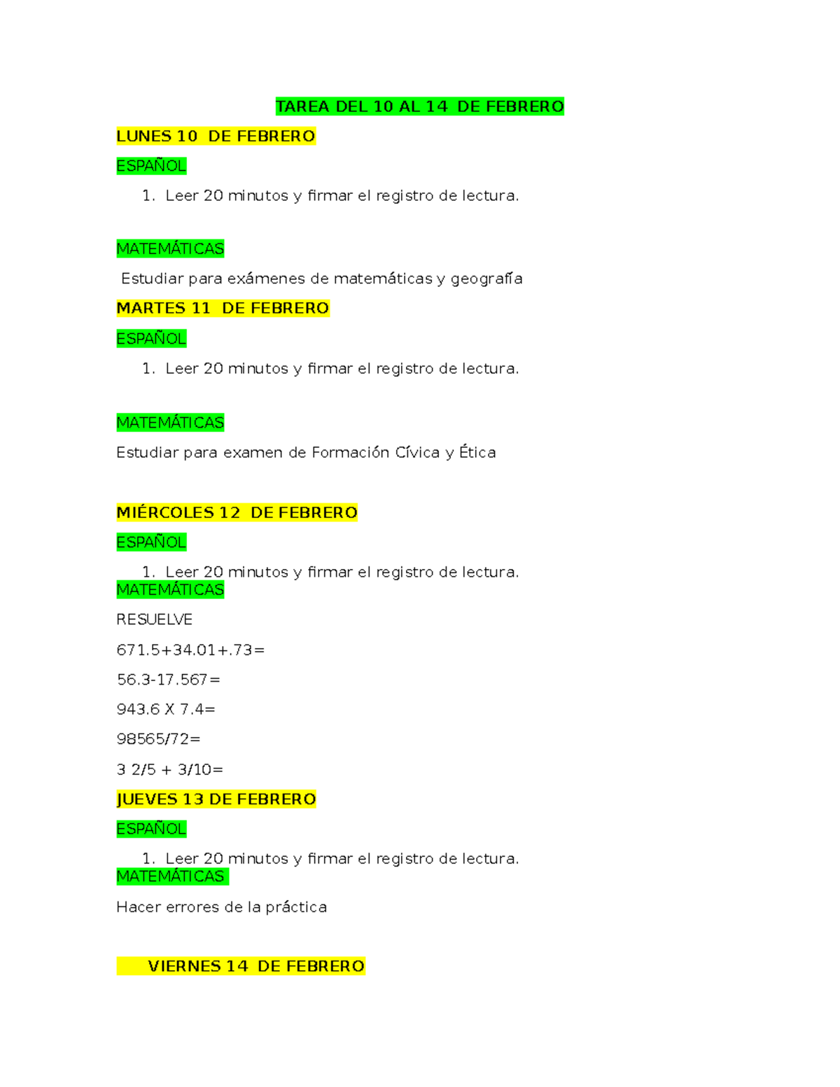 Tarea DEL 10 AL 14 DE Febrero 20 - TAREA DEL 10 AL 14 DE FEBRERO LUNES ...