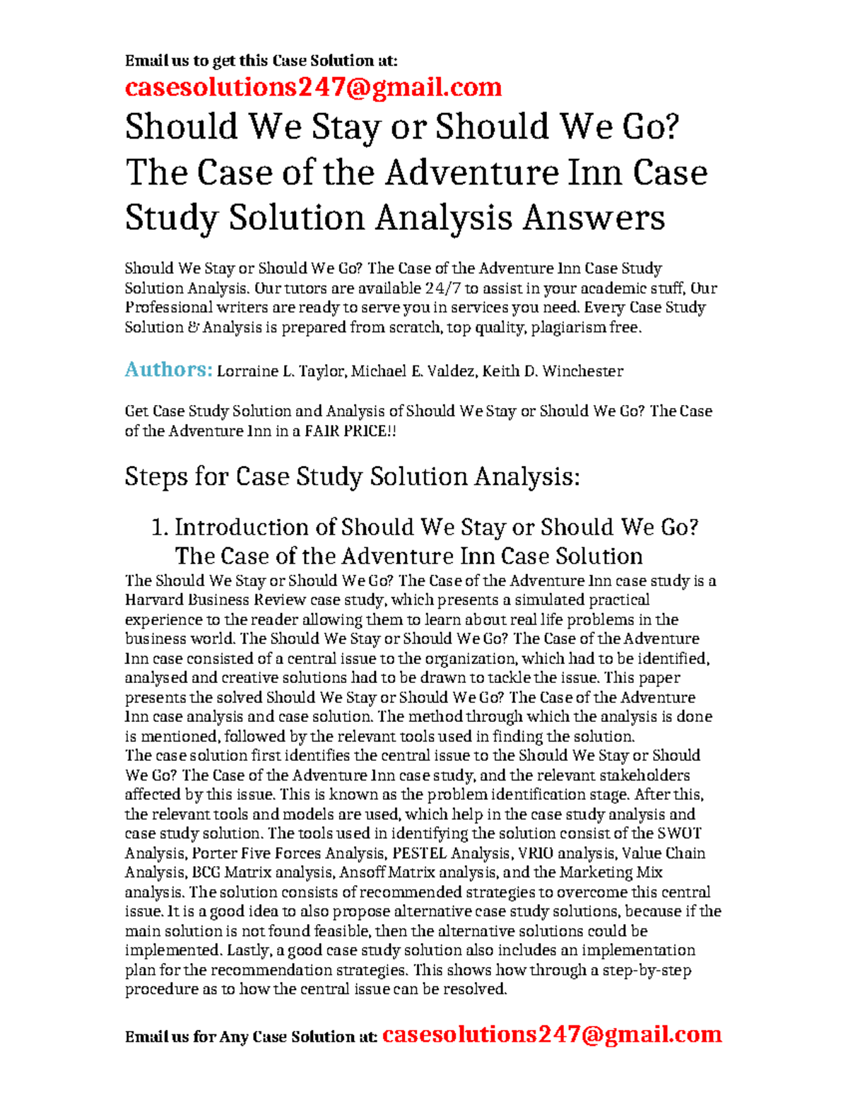 Case Solution Should We Stay or Should We Go The Case of the Adventure ...