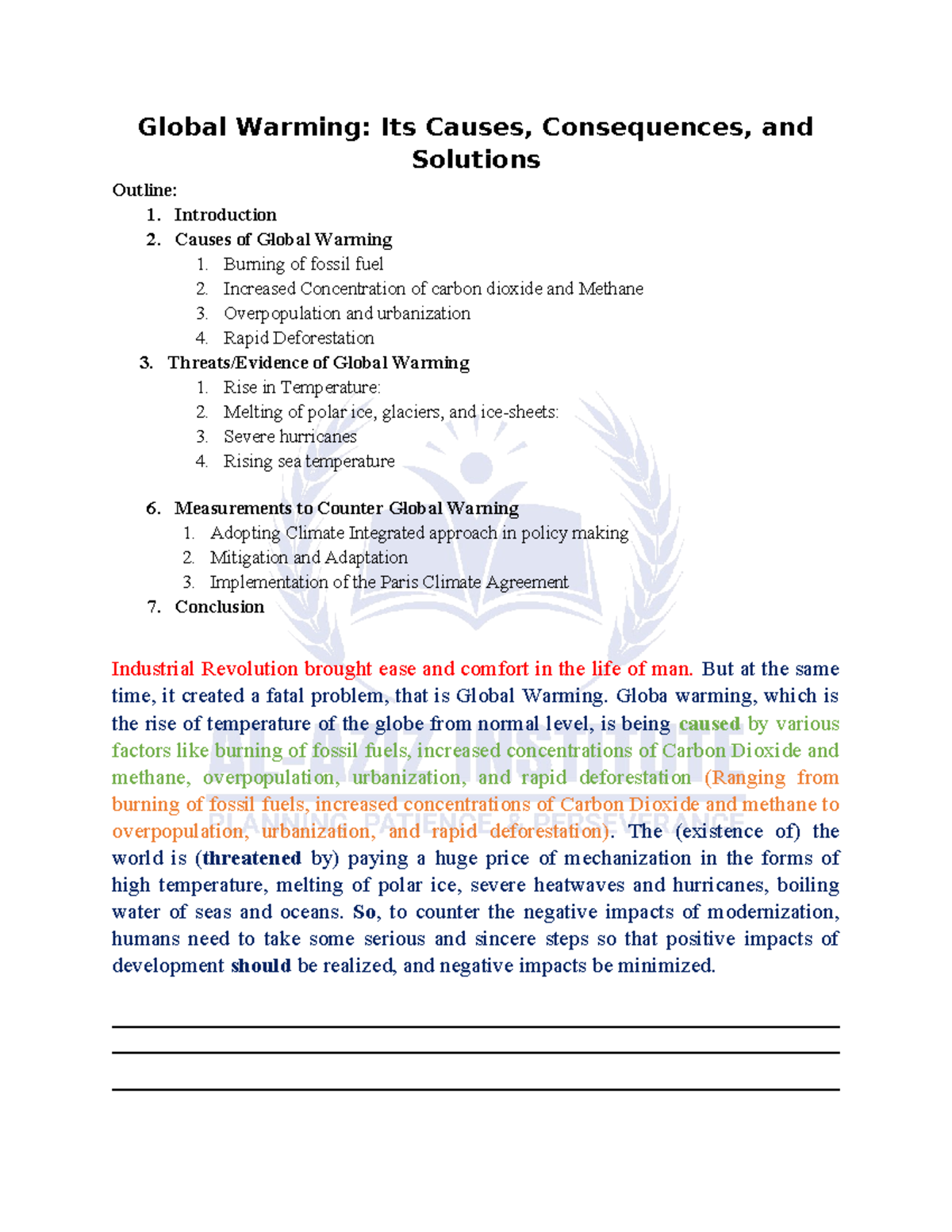 Global Warming - outline - Global Warming: Its Causes, Consequences ...