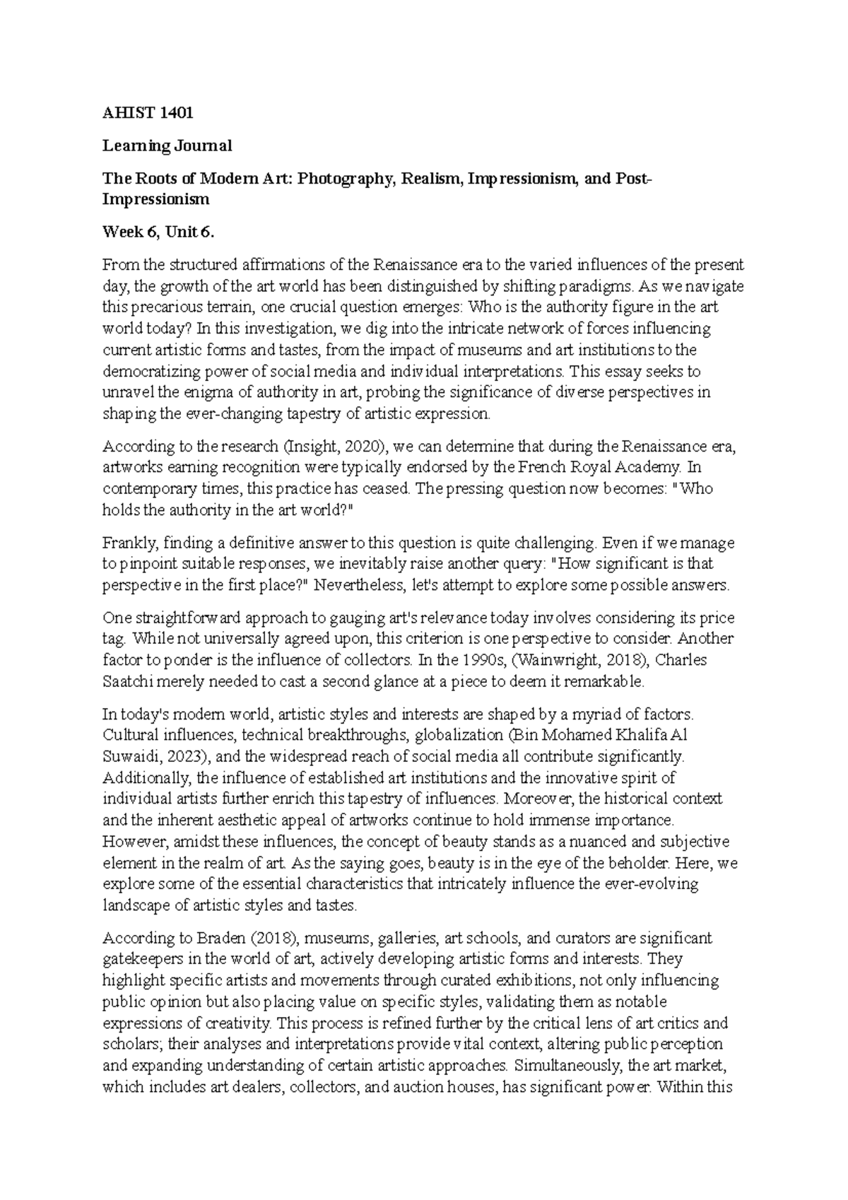 AHIST 1401 Learning Journal Unit 6 - AHIST 1401 Learning Journal The ...