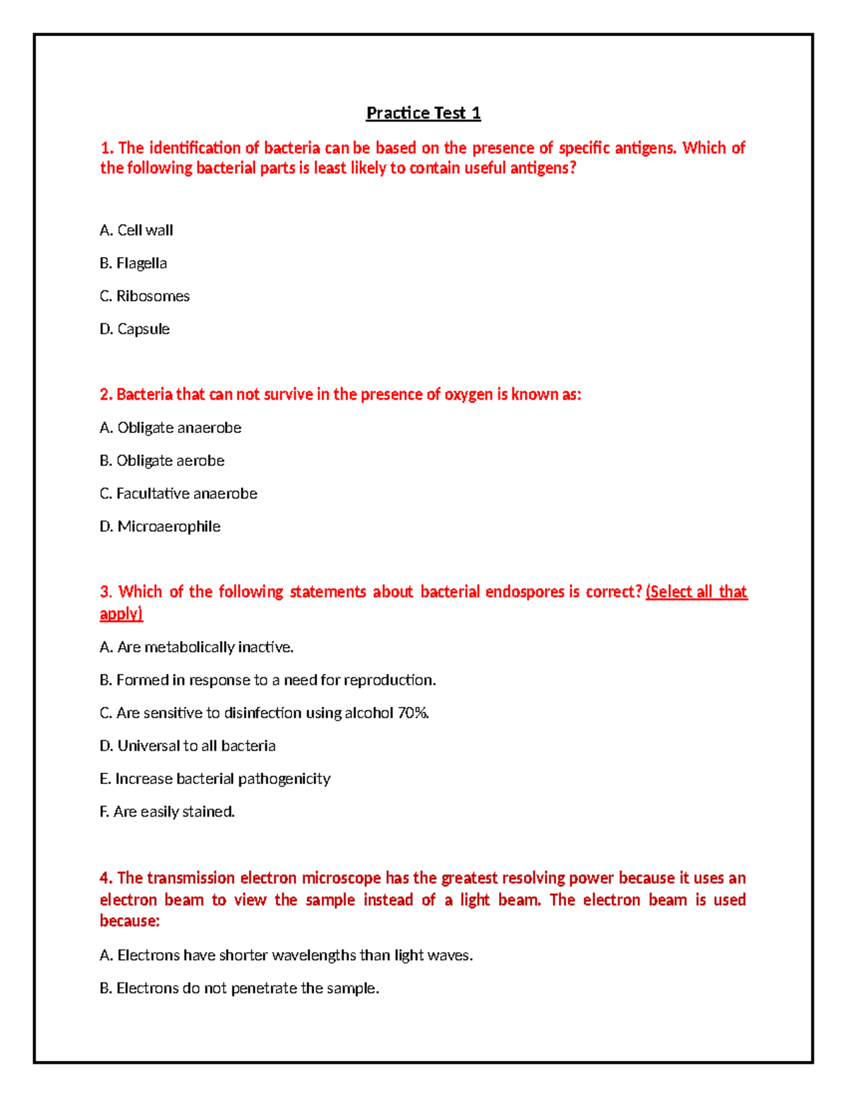 Practice Test 1 (2) - Practice Test 1 The identification of bacteria ...