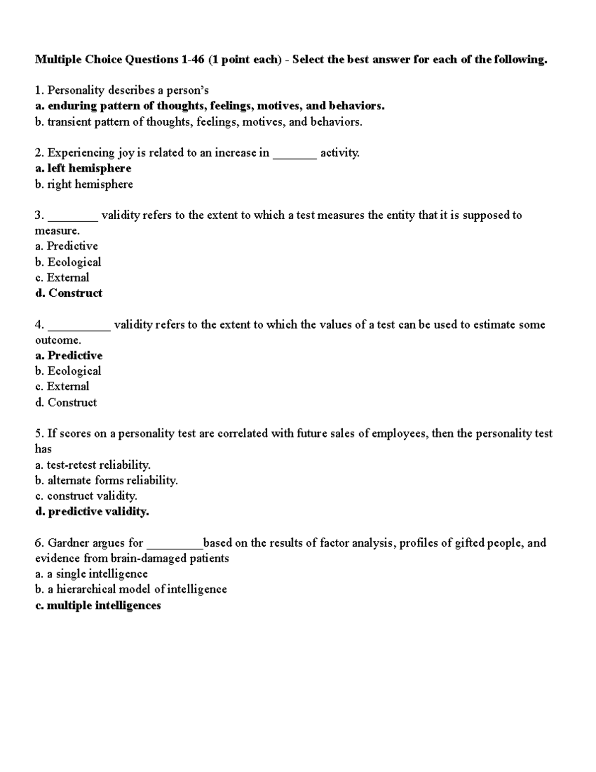 Psyc 102 Exam 4 practice key - Multiple Choice Questions 1-46 (1 point ...