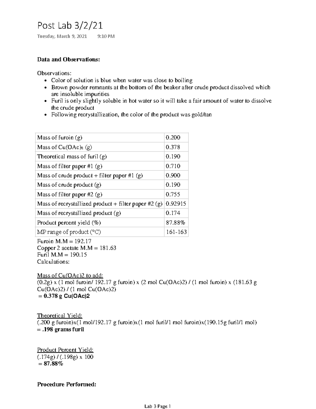 Post Lab 3921 - Lab Assignment - Data and Observations: • Color of solution is blue when water ...