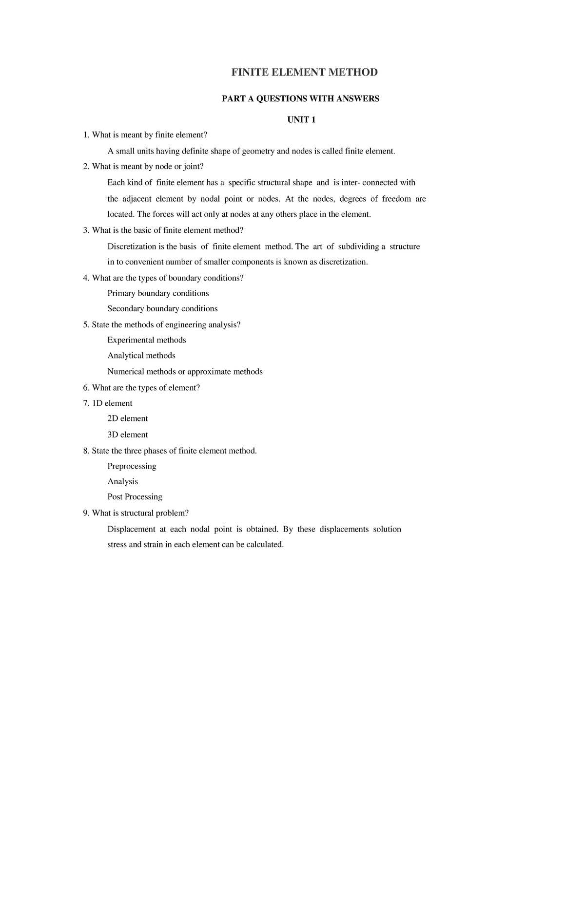 Finite Element Methods 2 Marks Questions - FINITE ELEMENT METHOD PART A QUESTIONS WITH ANSWERS ...