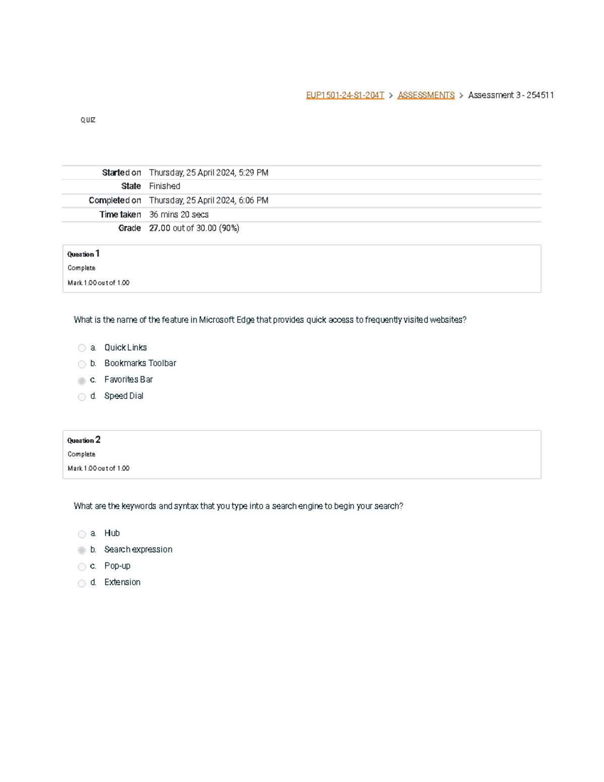 EUP Assessment 3 - 254511 Attempt review - EUP1501-24-S1-204T ...
