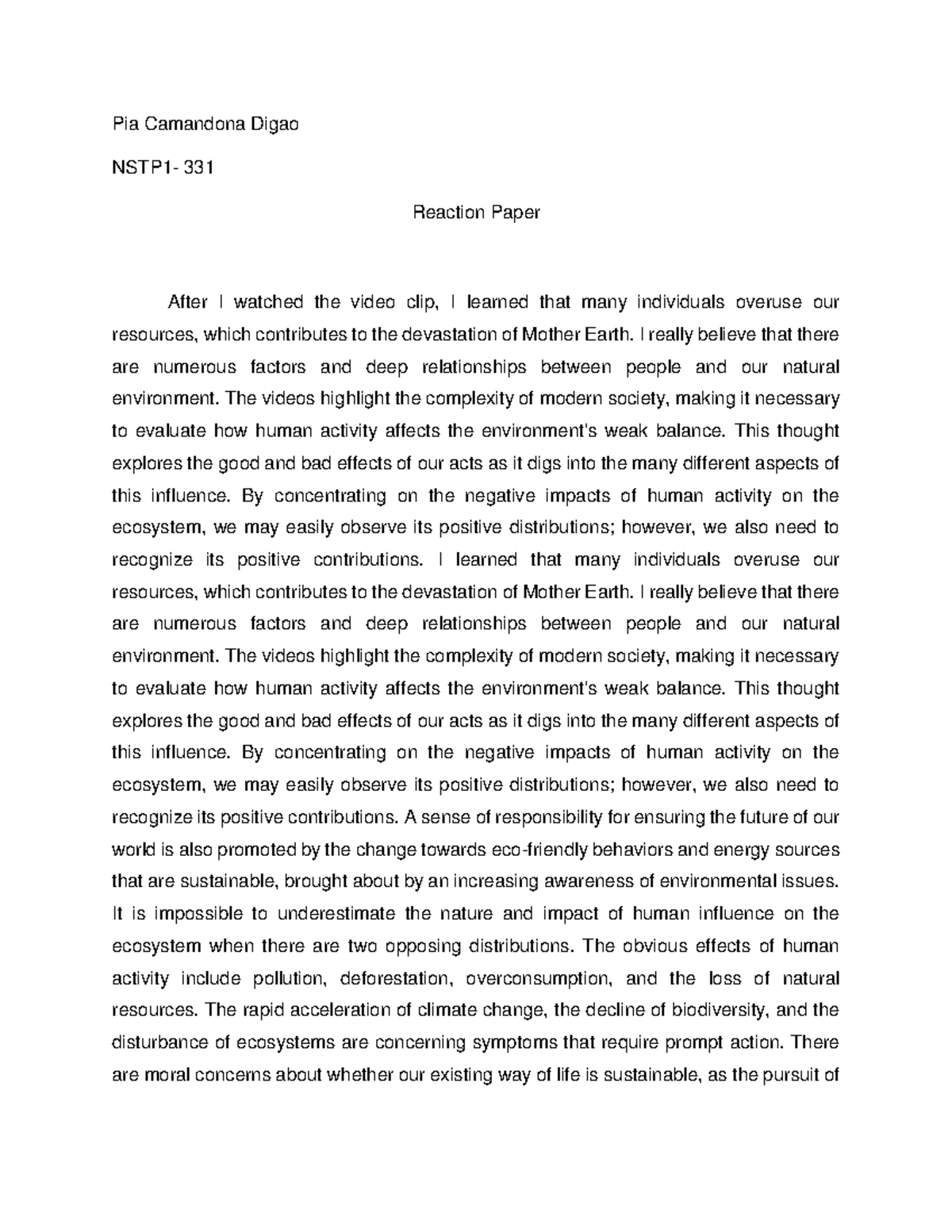 Digao, Pia C. NSTP1- Reflection Paper - Pia Camandona Digao NSTP1- 331 ...