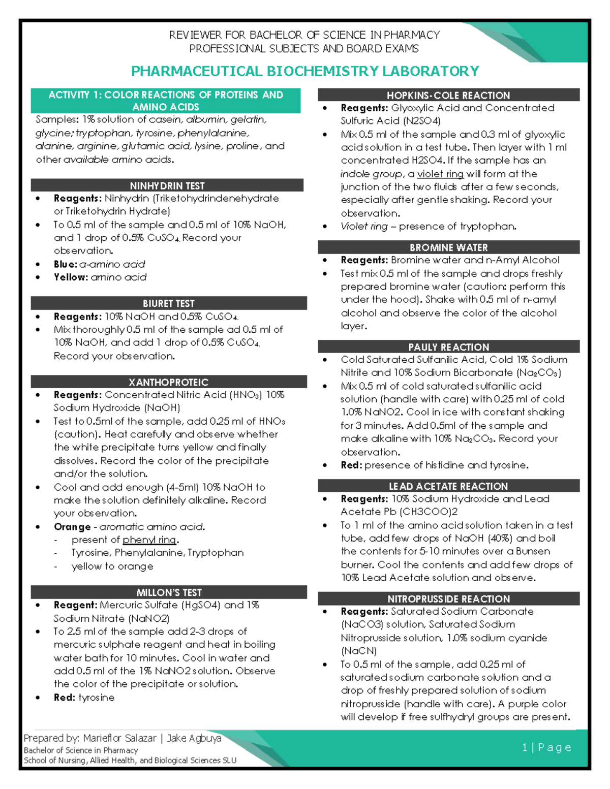 Biochemistry Laboratory 1 - REVIEWER FOR BACHELOR OF SCIENCE IN ...