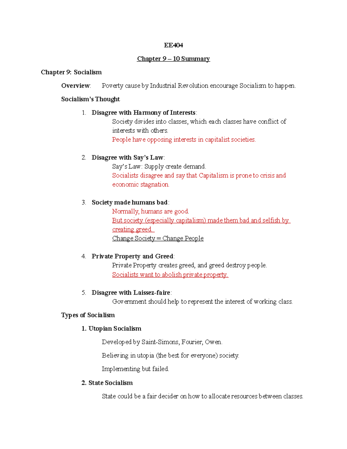 EE404 Chapter 9-10 Summary - EE Chapter 9 – 10 Summary Chapter 9: Socialism Overview: Poverty ...