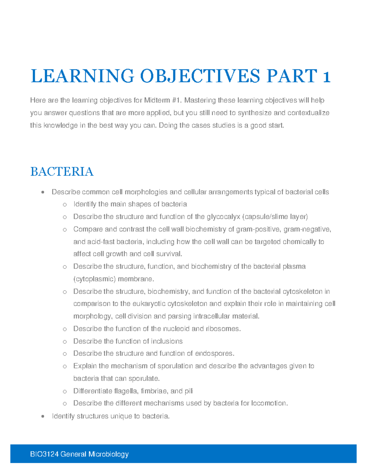 Learning objectives 2023 module 1 - BIO3124 General Microbiology ...
