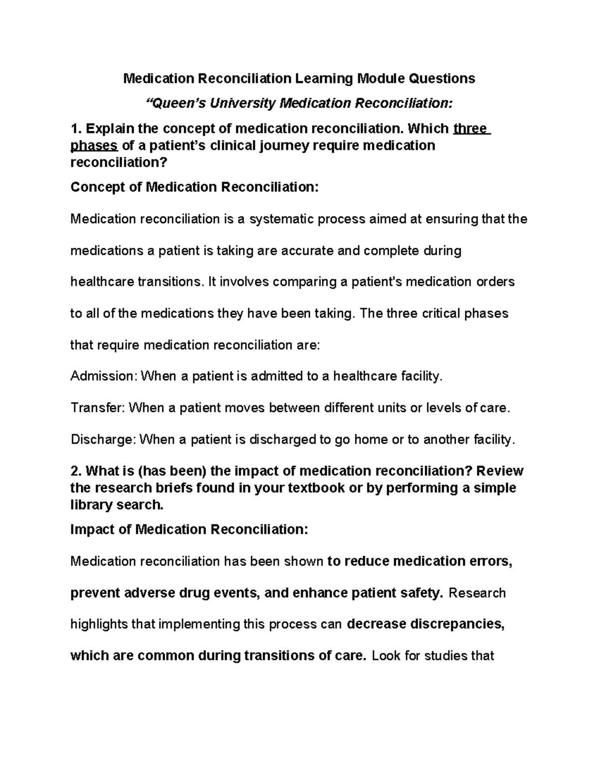 #3 - Medication Reconciliation Learning Module Questions - Medication ...