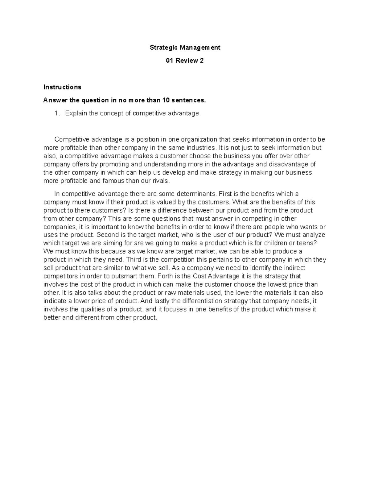 SM 01 review 2 - ASSDD - Strategic Management 01 Review 2 Instructions ...