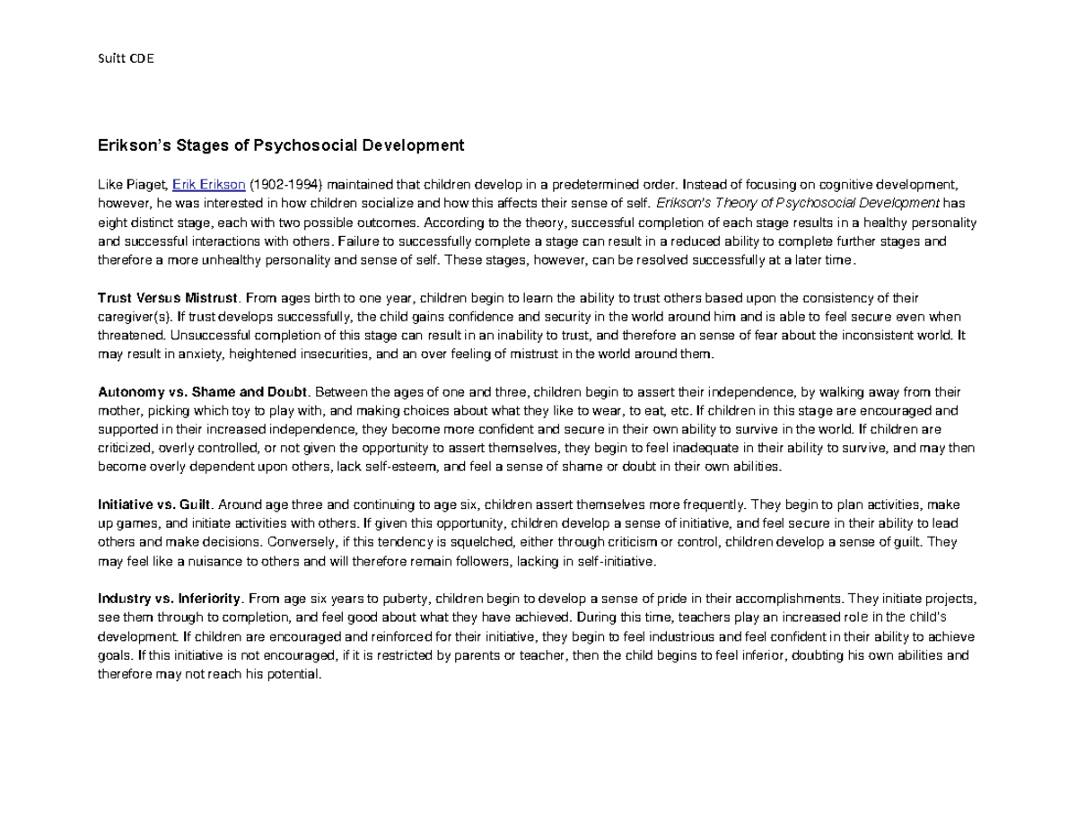 Ericson's Theory Study Guide Child Development CDE-118 - Erikson’s ...