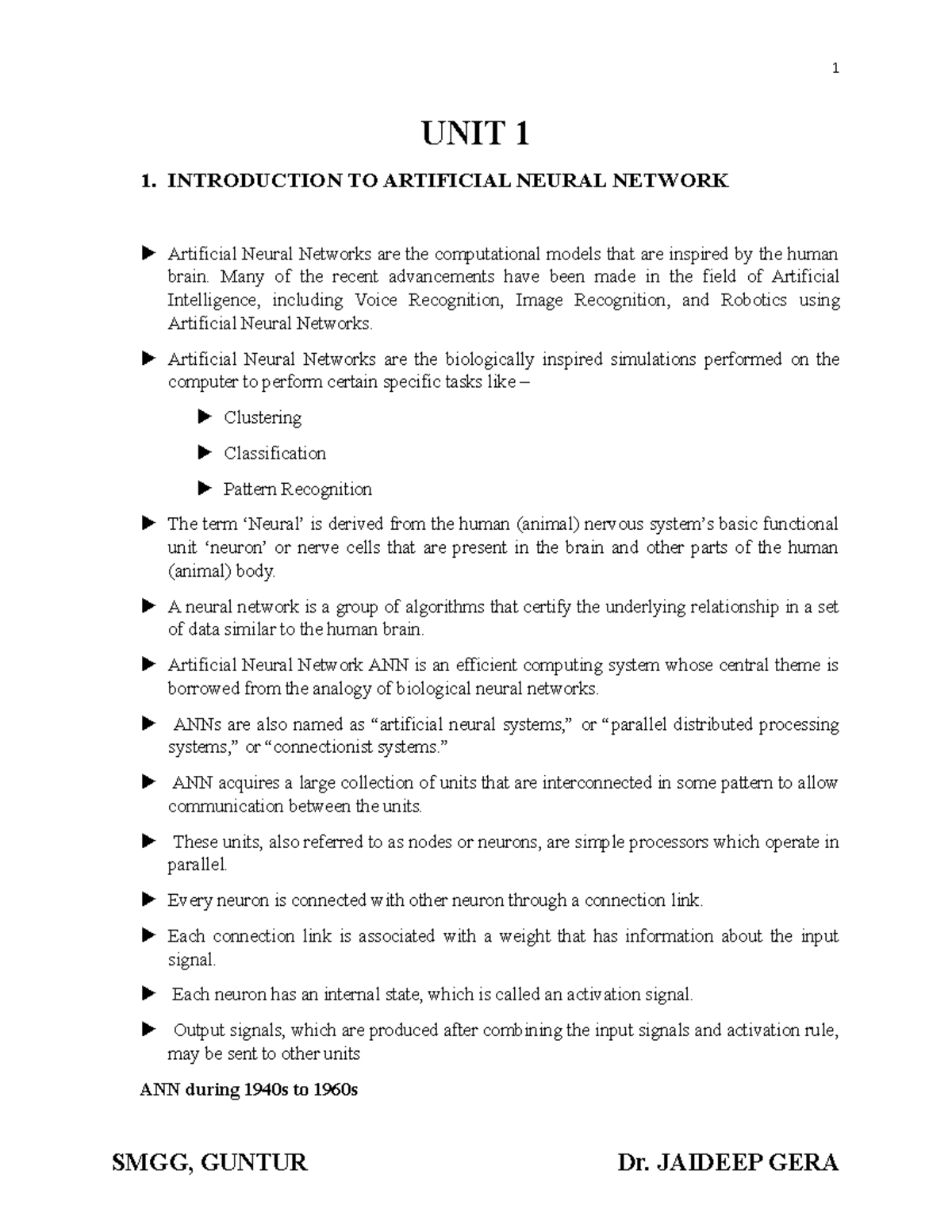 aRTIFICIQAL nEURAL nETWORKS - UNIT 1 1. INTRODUCTION TO ARTIFICIAL ...
