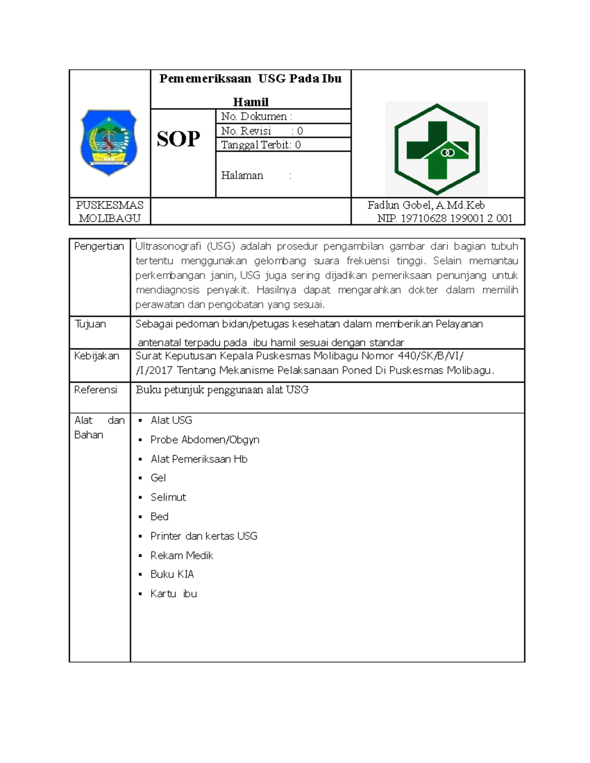 SOP USG - SOP - Pememeriksaan USG Pada Ibu Hamil SOP No. Dokumen : No ...