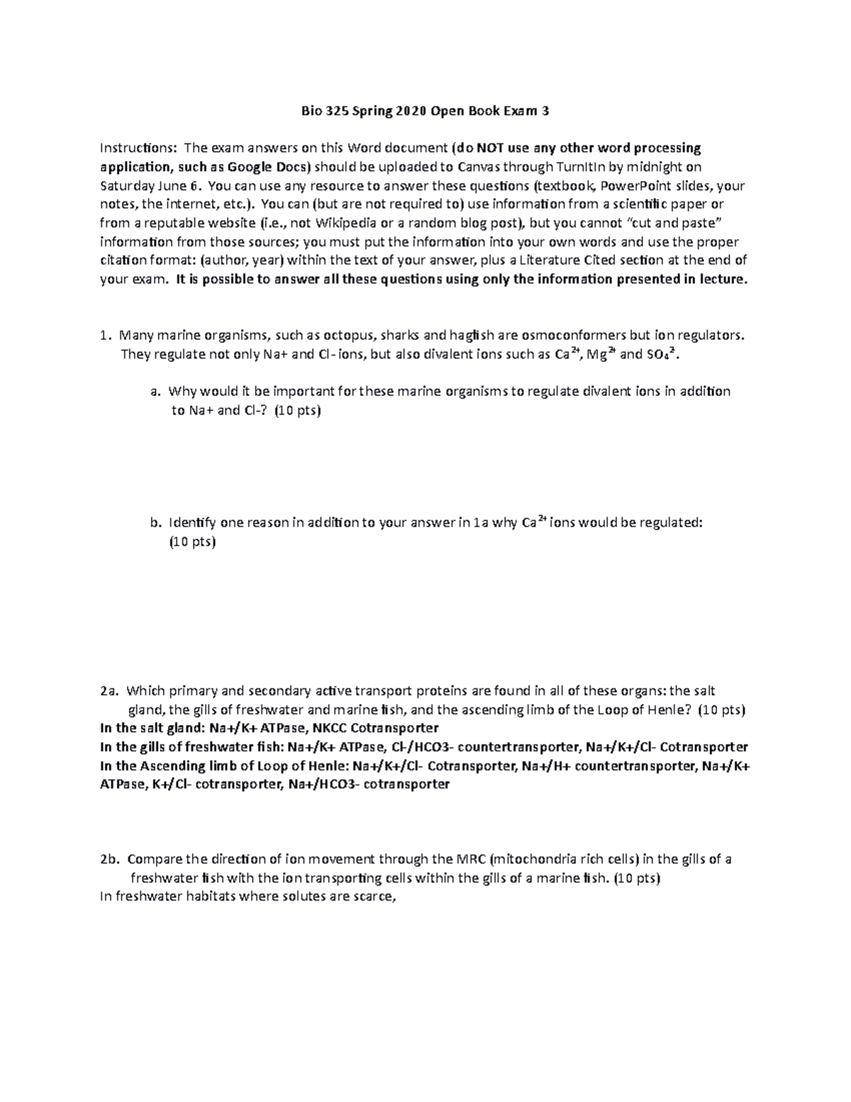 Bio 325 Spring 2020 Open Book Exam 3 - Bio 325 Spring 2020 Open Book ...