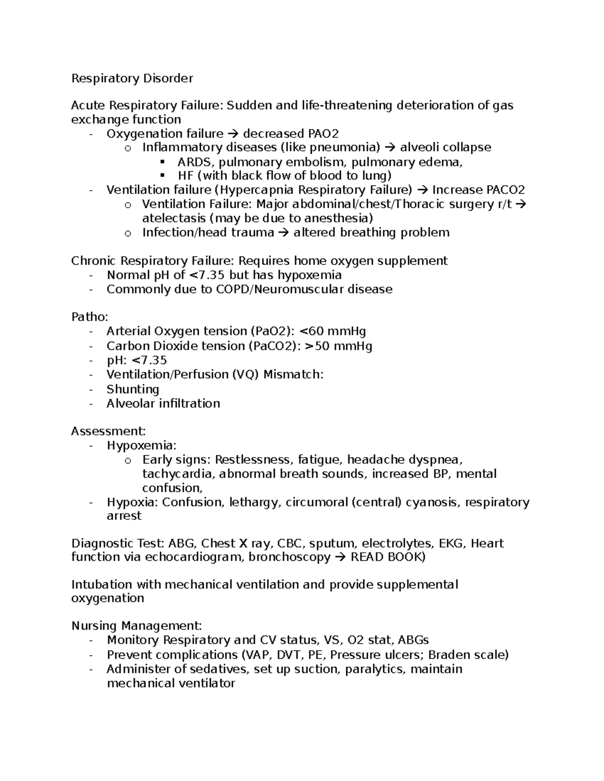 Respiratory Notes - Respiratory Disorder Acute Respiratory Failure ...