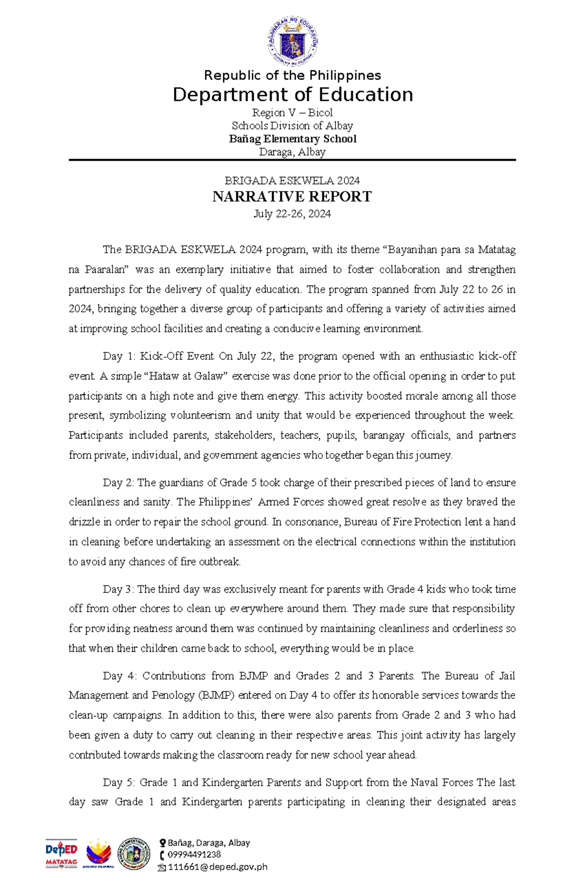 Brigada Eskwela 2024 Narrative Reports - Bañag, Daraga, Albay ...