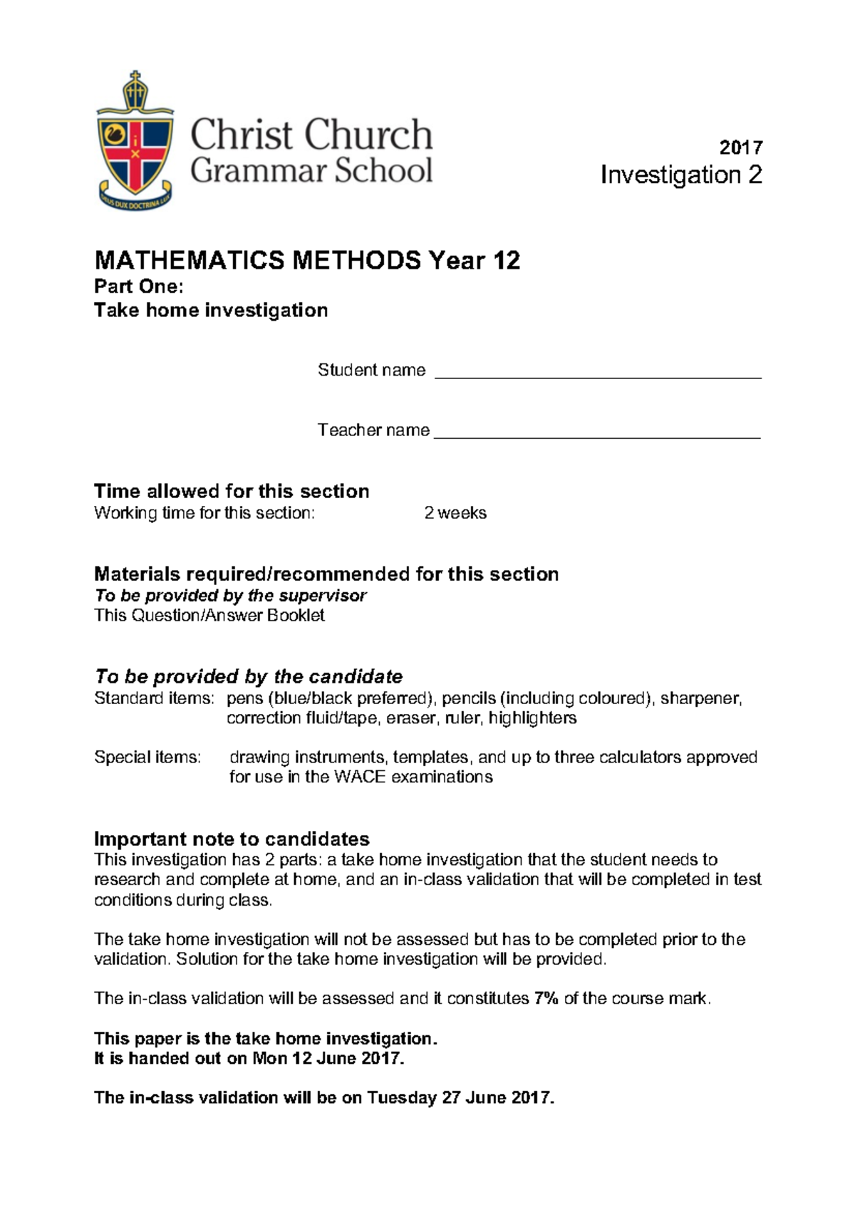 2017 CCGS Investigation 2 + Answers - Investigation 2 MATHEMATICS ...