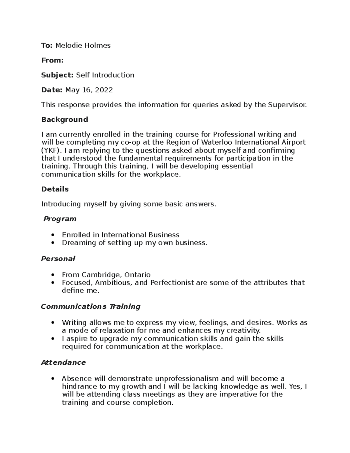 To - Weekly practice assignment - To: Melodie Holmes From: Subject ...
